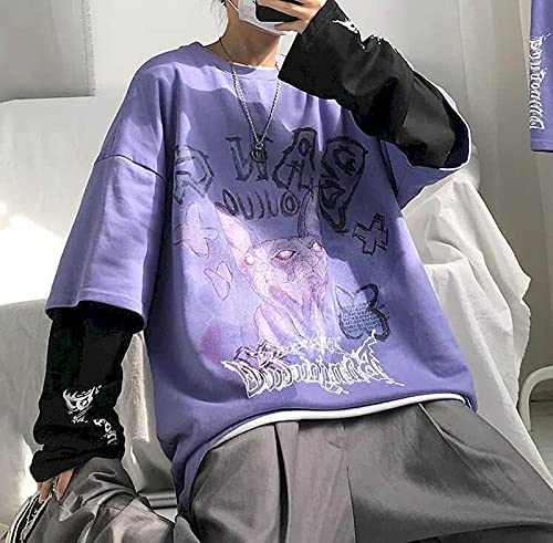 Goth Cat Shirt Gothic Shirt Fake Two-Piece Alternative Clothing Goth Cat Sweatershirt Grunge Clothes (Black,L,Large)