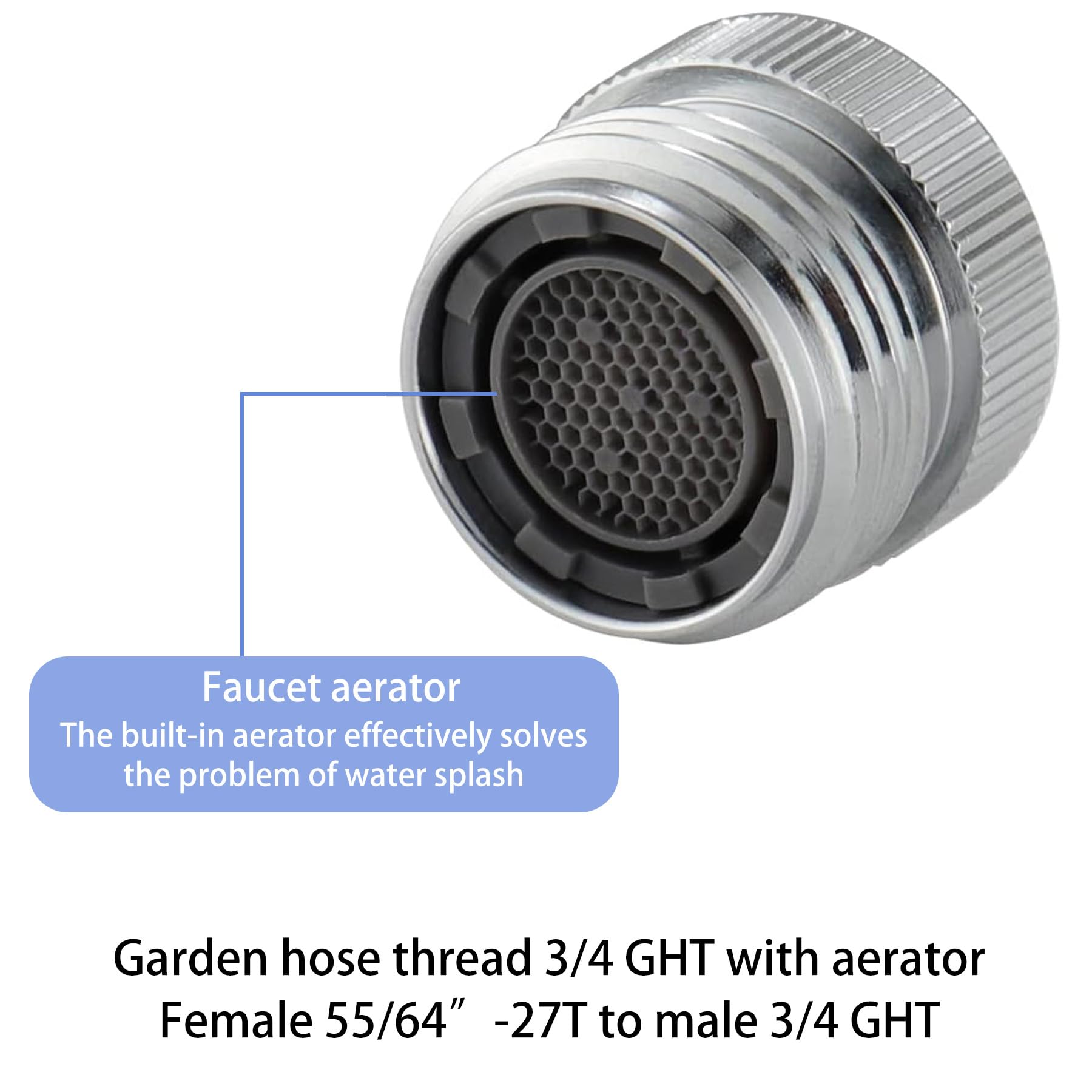 Happyreise Brass Faucet to Garden Hose Adapter with Aerator,Sink Faucet Adapter to Garden Hose for Bathroom Kitchen,3/4" GHT thread Chrome