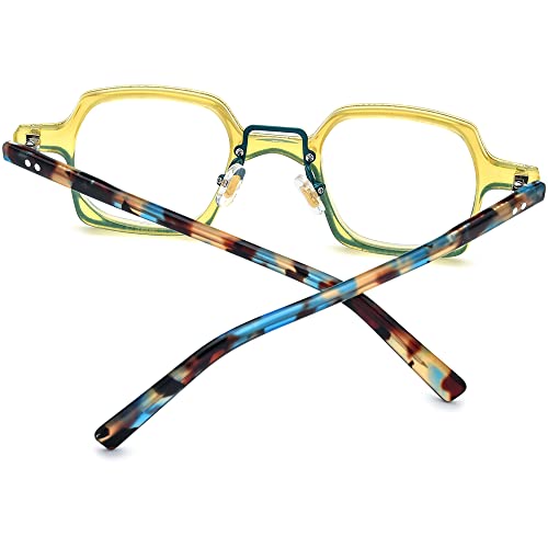 HEPIDEM Powder Acetate Glasses Frame Men Vintage Square Eyeglasses Women Optical Spectacles (9318 Yellow Blue)