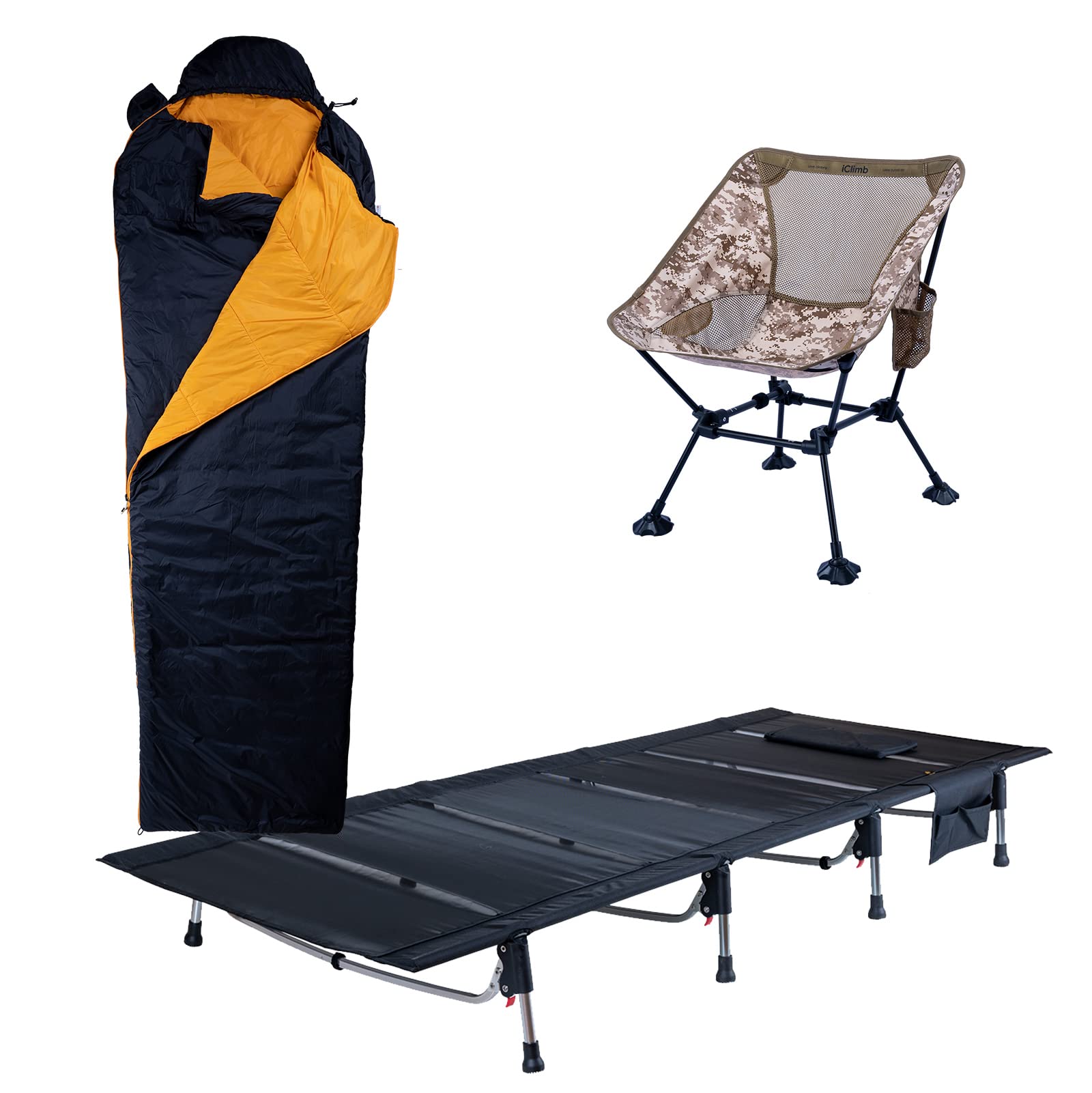 iClimb 1 Anti-Sinking Folding Chair and 1 Super Easy Assemble MESH Cot and 1 3M Thinsulate Insulation Warm Sleeping Bag Bundle, Ultralight Compact for Adults Backpacking Camping