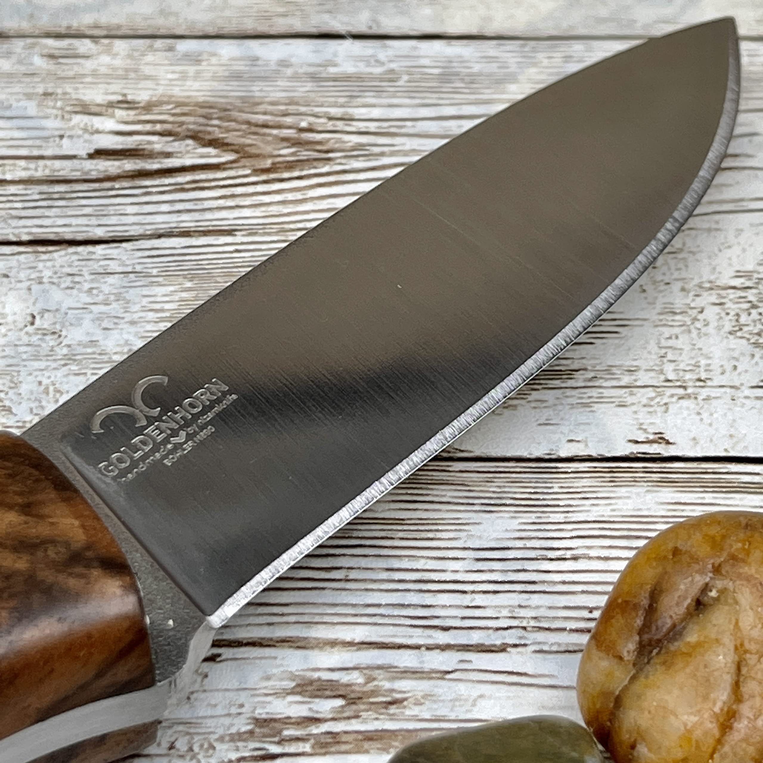 Handmade Fixed Blade Outdoor Knife with Sheath β Hunting, Bushcraft, Self Defense Bowie Knife β Tracker Knife with Wooden Handle & N690 German Bohler Steel Blade β Leather Sheath & Flint Rod Included