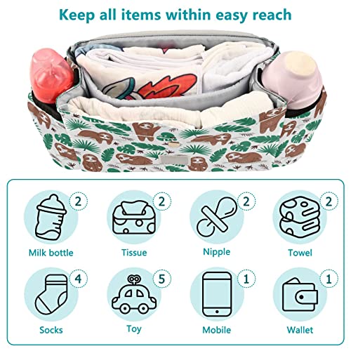 Kigai Sloth Palm Leaves Baby Stroller Organizer with Cup Holders, Secure Hooks Accessories Adjustable Strap Stroller Bag for Bottle, Diaper, Phone, Toys, Baby Items