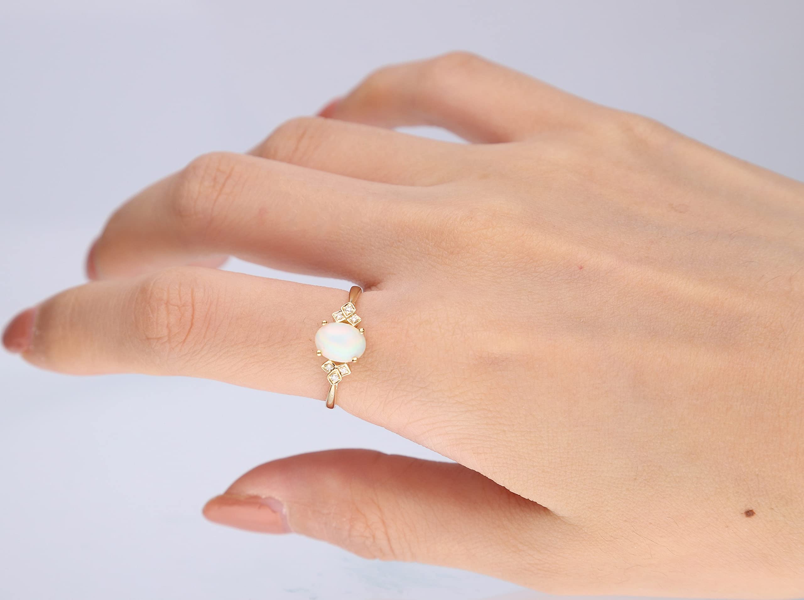 Gin & Grace 14K Yellow Gold Natural Ethiopian Opal Ring with Real Diamonds for Women | Ethically, authentically & organically sourced (Oval) Shaped Opal Hand-Crafted Jewelry for her |