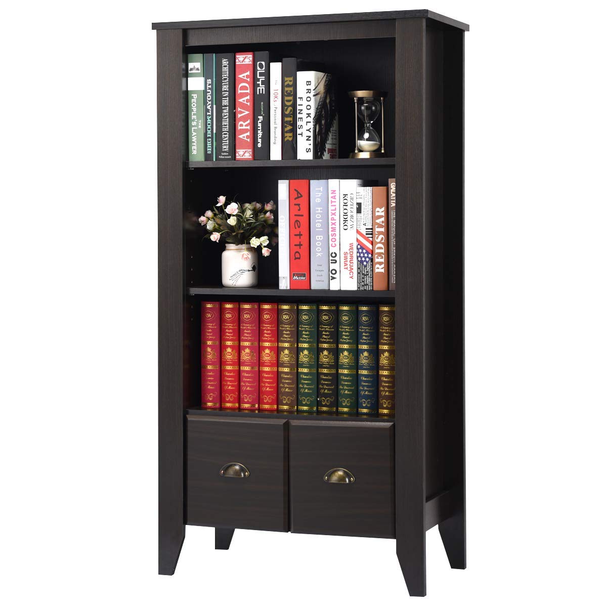 GLACER Bookshelf Bookcase, Multifunctional Cabinet with 2 Adjustable Shelves and 2 Drawers, Ideal for Home Office Bedroom and Living Room
