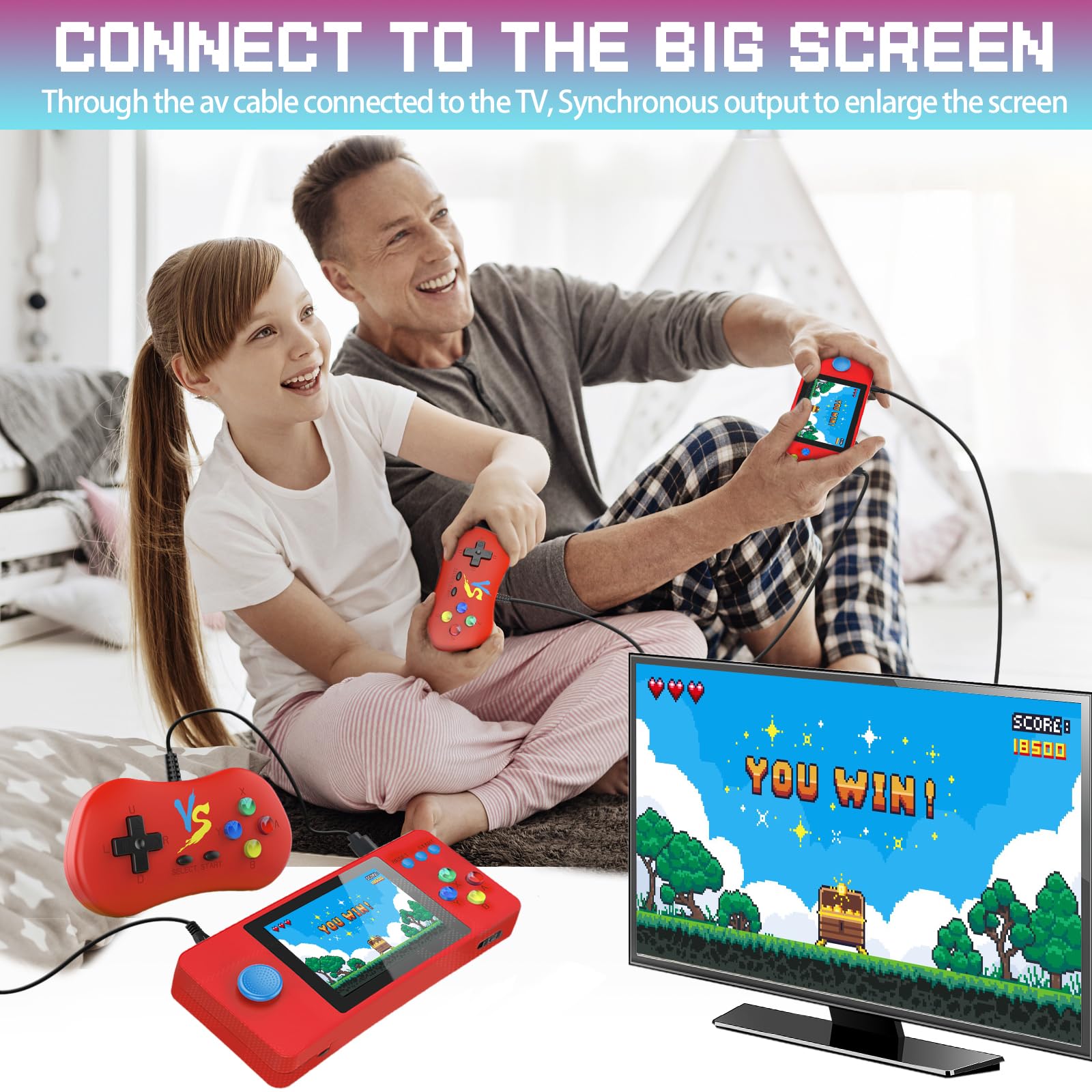 HAndPE Joystick Convenient to Hold Handheld Game Console, Retro Mini Game Player with 500 Classical FC Games Support for TV & Two Players, Rechargeable Battery, Present for Kids and Adult (Red)
