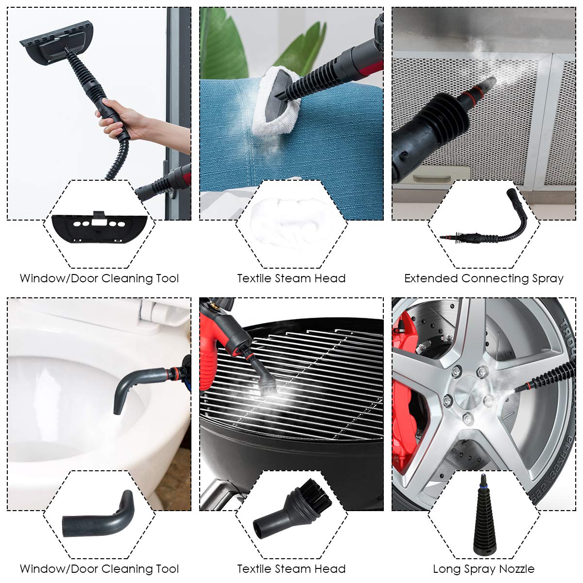 Goplus Handheld Pressurized Steam Cleaner with 9 Piece Accessories, Multipurpose Steamer w/Safety Lock for Carpet Curtain Car Seat, 1050W Portable Upholstery Steamer for Home Kitchen Bathroom(Red)