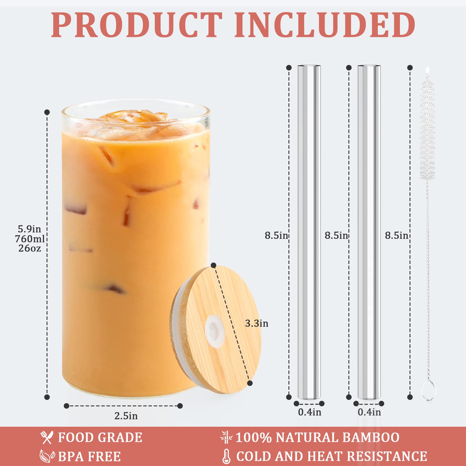 Glass Cups with Lids and Straws, 26oz Borosilicate Glass Tumbler with Straws and Bamboo Lids Reusable Clear Iced Coffee Cups for Coffee Milk Tea Juice DIY Drinks Coffee Bar Accessories- 2 Pack