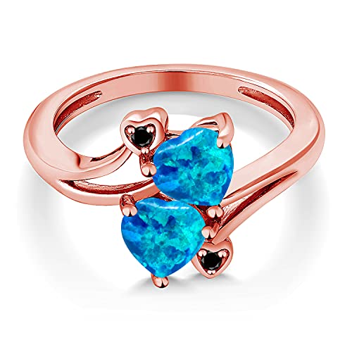 Gem Stone King 1.53 Ct Heart Shape Blue Simulated Opal 18K Rose Gold Plated Silver Black Diamond Ring (Size 7)