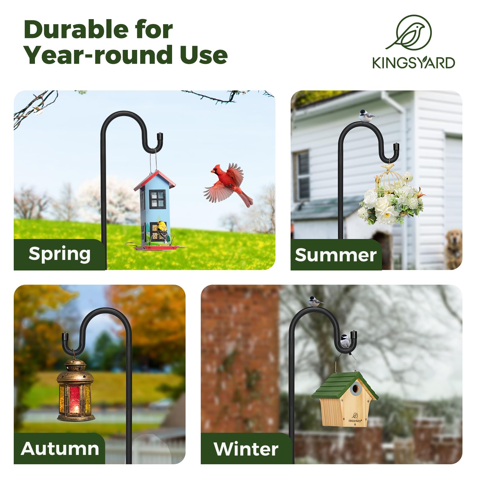 Kingsyard Adjustable Shepherd Hooks for Outdoor - Heavy Duty Bird Feeder Pole with 5 Prong Base, Garden Plant Hanger, Weddings Decor, Solar Light Lanterns, 60 inch