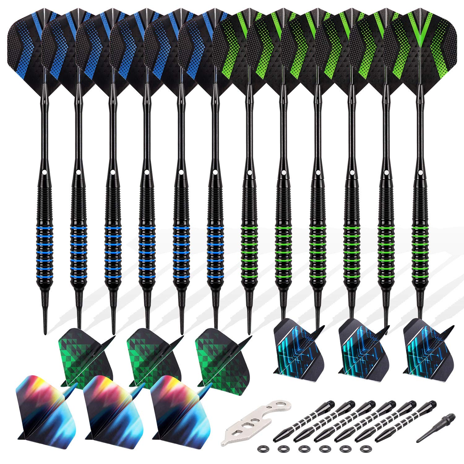 Grebarley Soft Tip Darts,Darts Plastic Tips,12 Pcs 18 Gram with 50 Extra Dart Tips,9 Flights, 6 shafts,Tool Kit for Electronic Dart Board