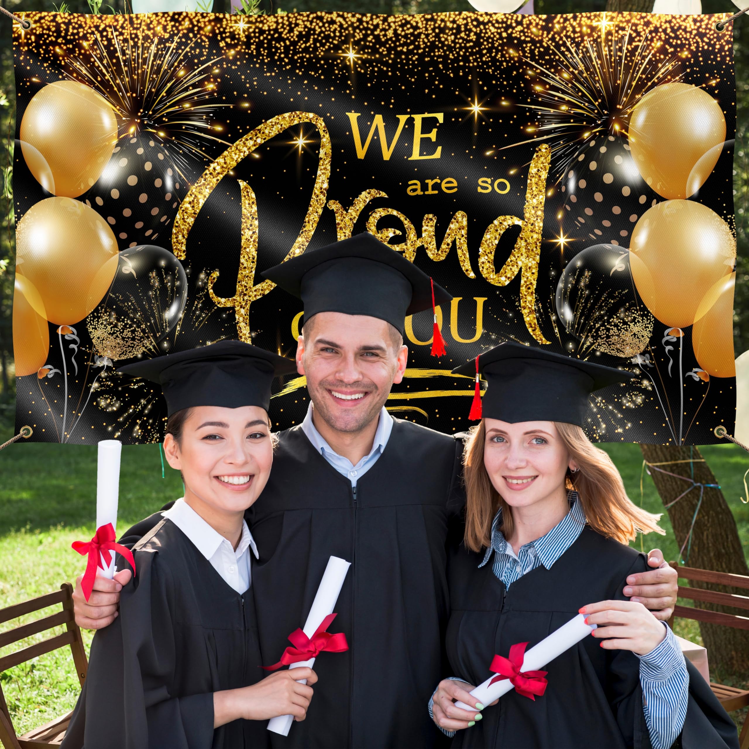 We are so Proud of You Banner - Congratulations Banner - Congratulations Decorations - Congrats Banner - Graduation Banner - Graduation Decorations for Prom - 5ft x 3ft (Black & Gold)