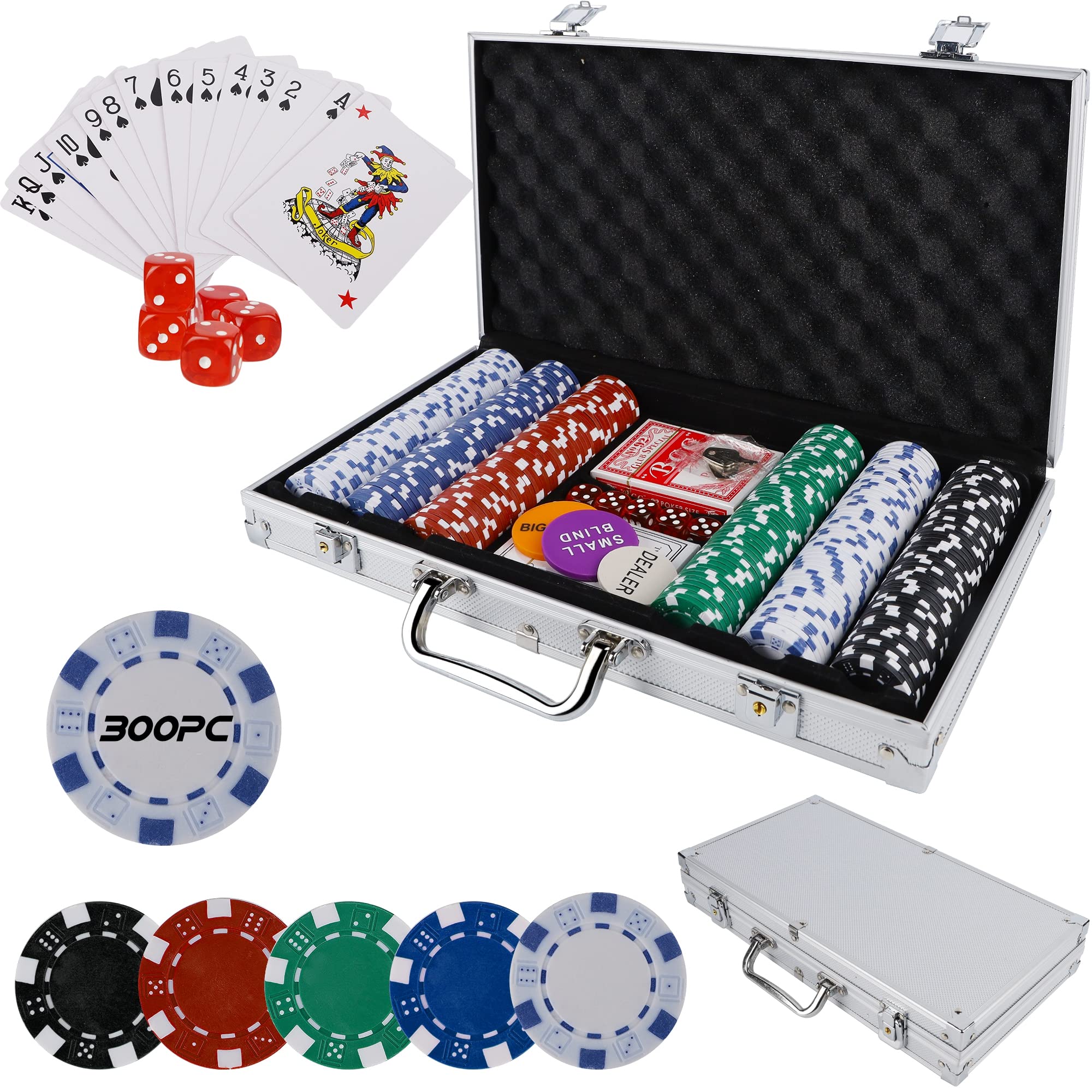 Glintoper 300 PCS Poker Chip Set, Professional Poker Chips with Aluminum Storage Case, for Casino Supplies, Texas Holdem Blackjack Gambling