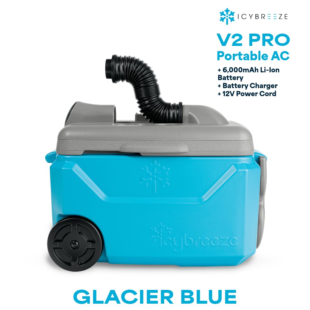 IcyBreeze V2 Pro Portable Air Conditioner & Cooler - 2-in-1 Personal Cooling Solution with 3-Speed Fan, 12V Rechargeable Battery, 38 Quart Capacity, Made in The USA (Blue)