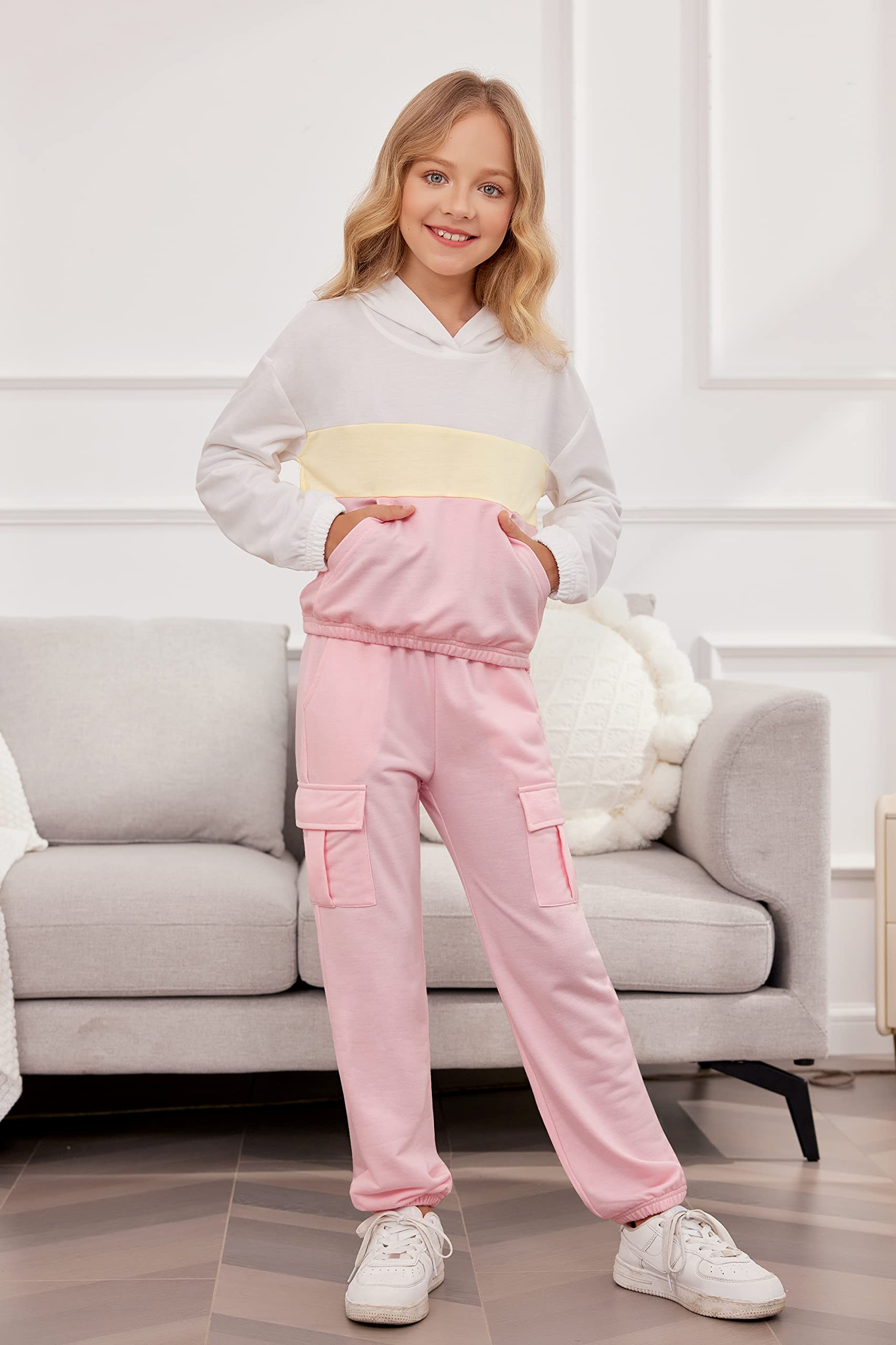 Hopeac Girls Sweatsuit 2 Piece Jogging Set Stripe Patchwork Fall Pullover and Causal Long Pants with Pockets Boys