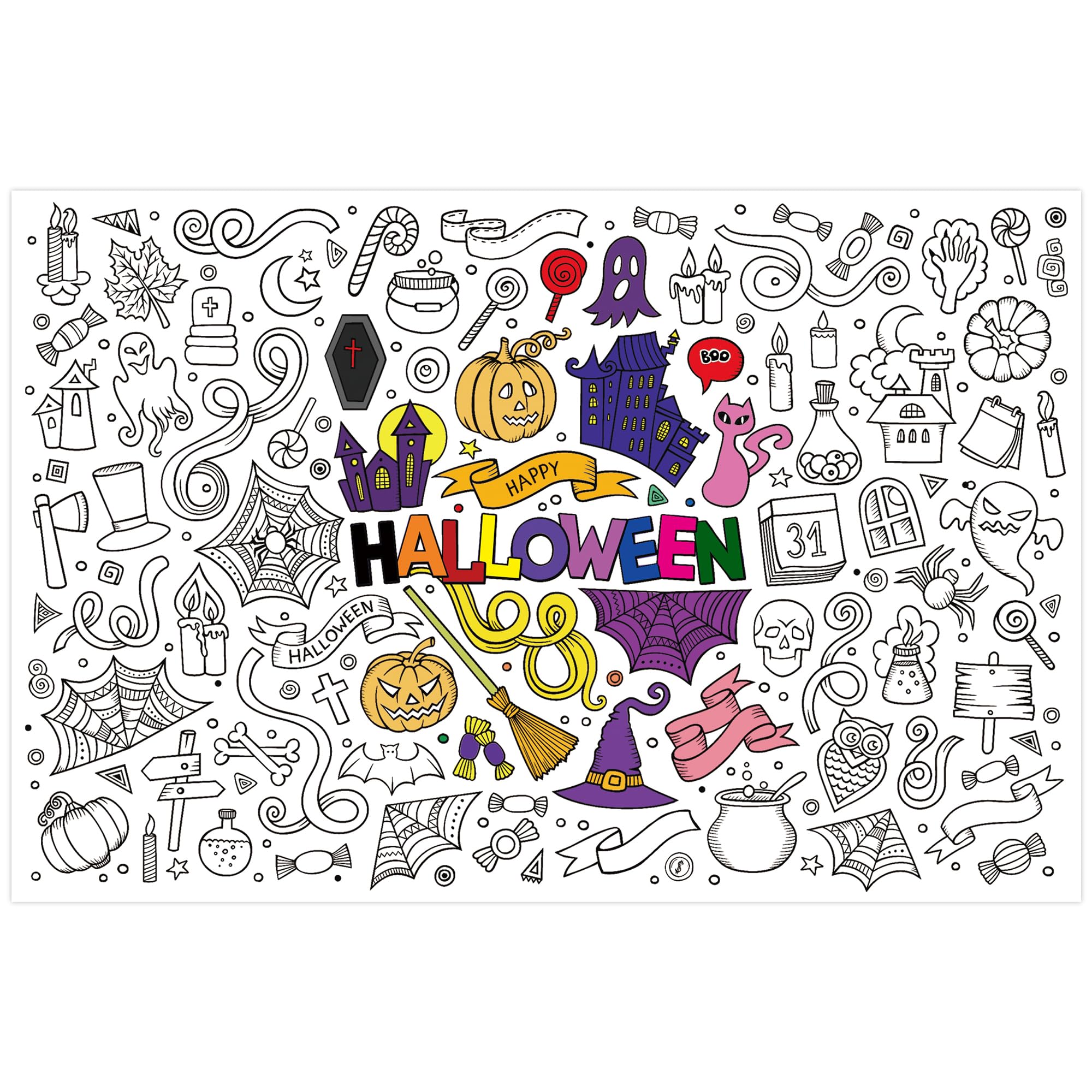 Halloween Giant Coloring Poster Happy Halloween Large Coloring Banner Pumpkin Boo Ghost Castle Huge Jumbo Color in Paper Tablecloth for Wall Floor Kids DIY Activities Party Favor 47.2" x 31.4 "