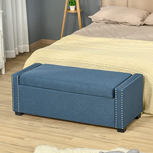 HOMCOM Nailhead Trim Upholstered Flip Top Storage Bench, Fabric Ottoman for Bedroom, or Living Room, Blue