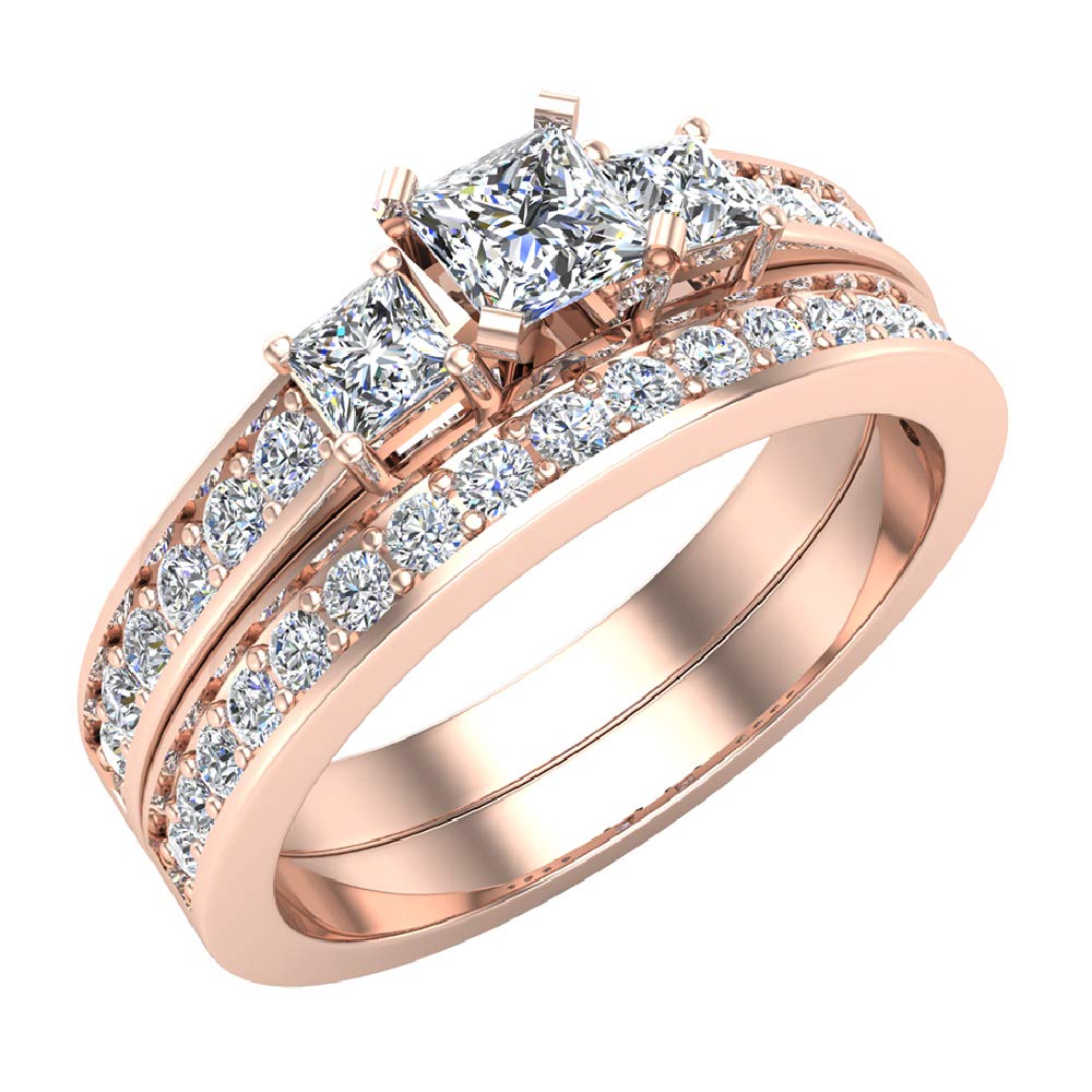 Glitz Design Wedding Ring Set for Women Princess Cut Past Present Future Bridal Set 14K Rose Gold 1.06 carat (G,I1) (RS 9)