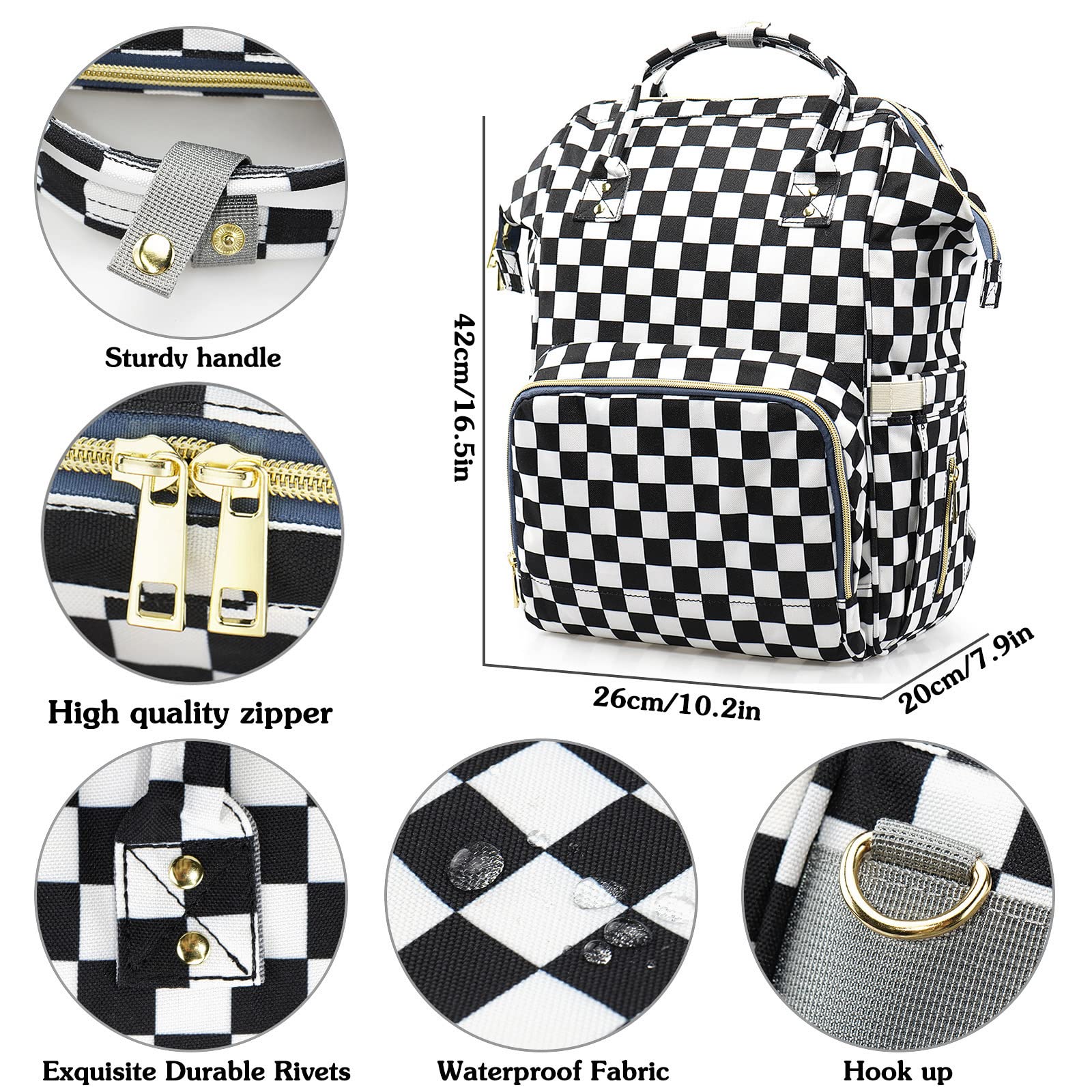 MCWTH Checkered Sunflower Diaper Bag Backpack Set for Baby Girls Mom, Large Capacity Multi-Function Nappy Bags Organizer