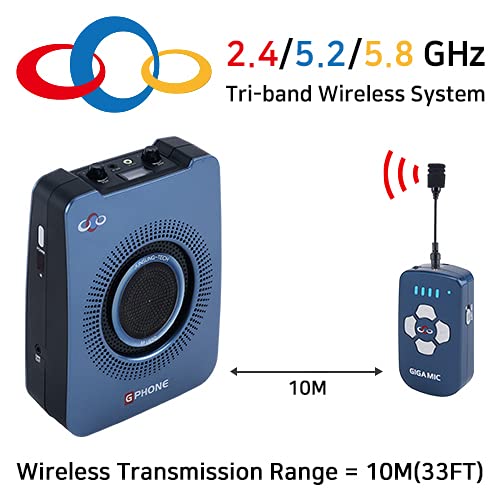 GIGAPHONE MUB50 50W 2.4GHz, 5.2GHz, 5.8GHz 3Bands Wireless Portable Voice Amplifier with a Wireless Transmitter, 4Types of Microphones, Pouch, Shoulder Strap and 3.5mm AUX Cable