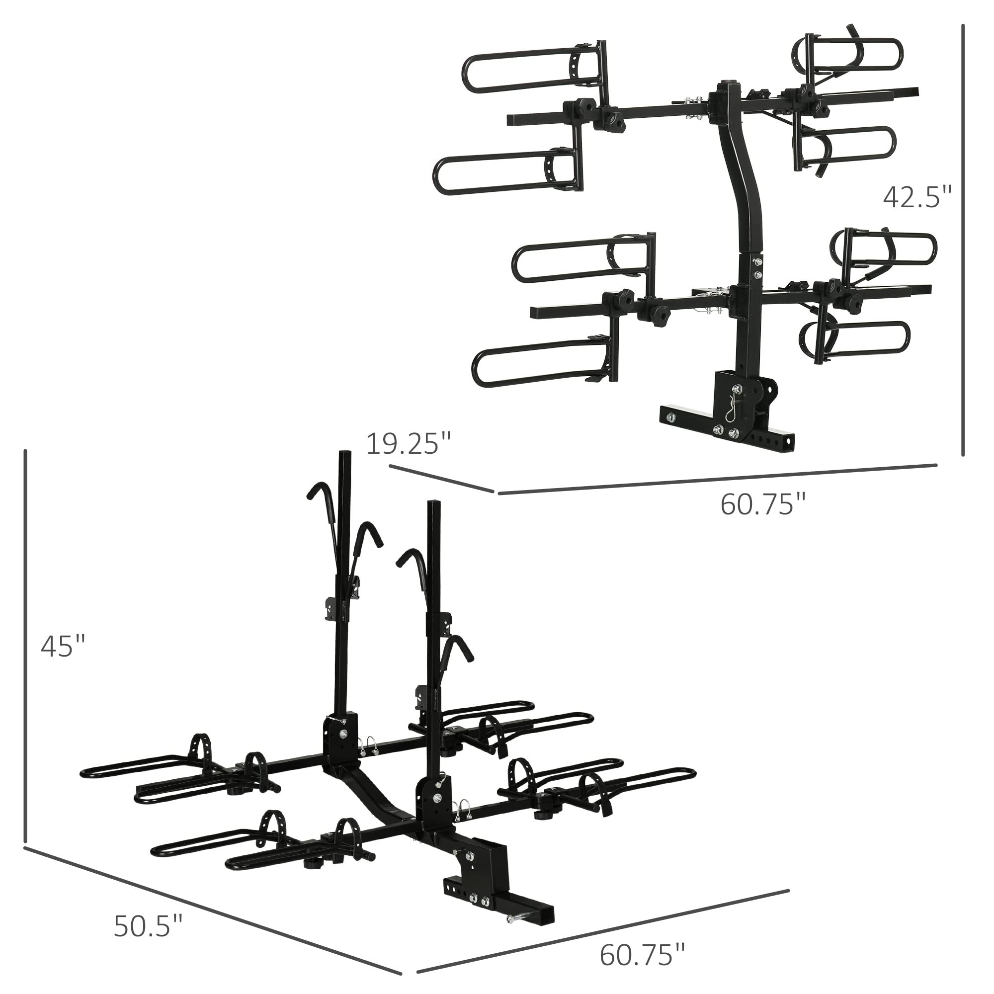 HOMCOM 4 Bike Rack Hitch Mount for Car, Truck, SUV, Minivan, Foldable Bicycle Carrier for 2" Hitch Receiver with Easy Trunk Access, 155 lb. Weight Capacity