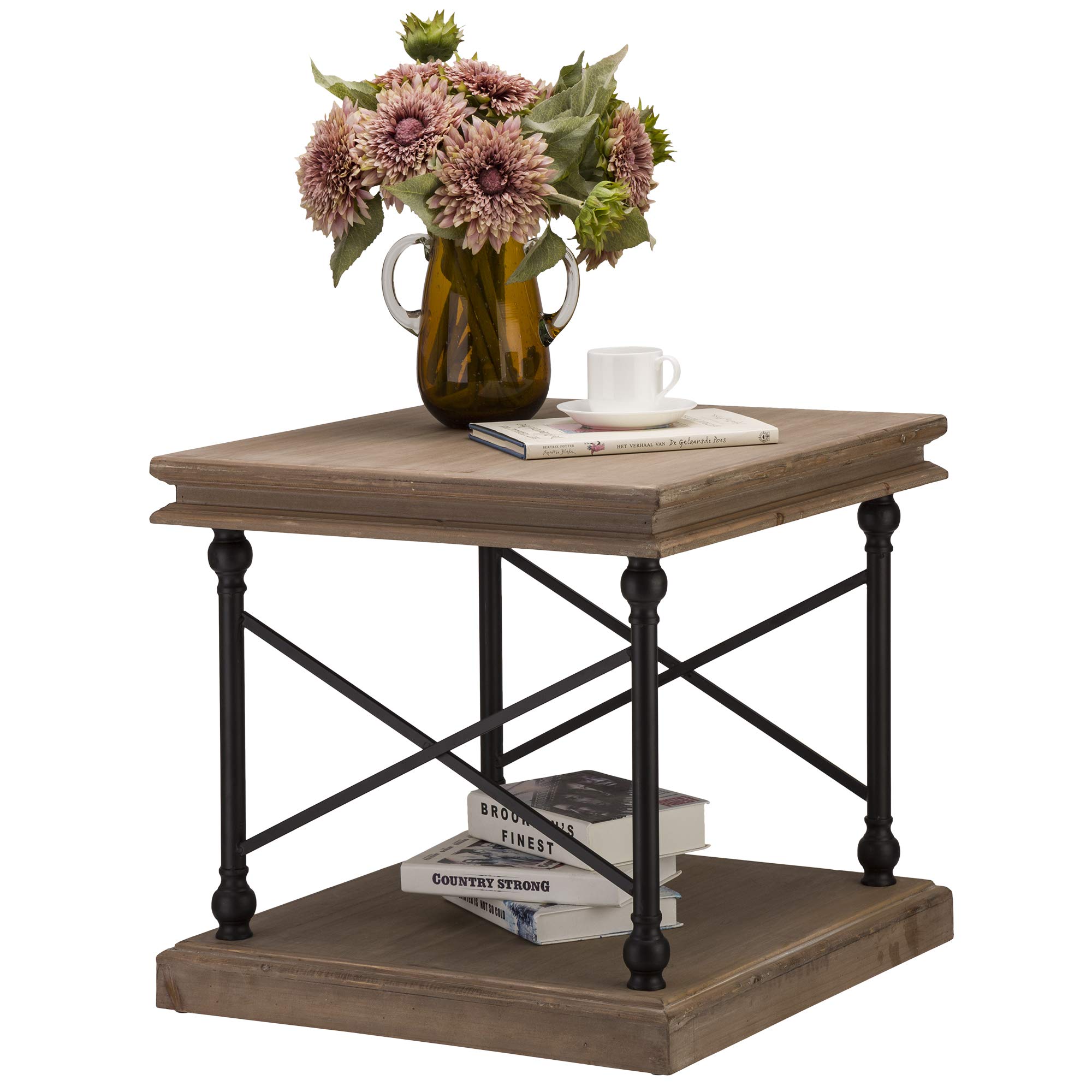 glitzhome Rustic End Table Wood Square Side Table with Storage Farmhouse Sofa Table Distressed Side Table with Wood Shelf Rack Wooden Accent Table with Metal Frame, 21.85”H