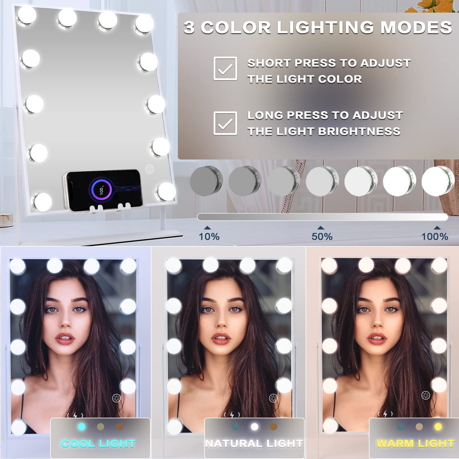 Leishe Vanity Mirror with Lights and Bluetooth Speaker, Lighted Makeup Mirror with Wireless Charging and 12 LED Dimmable Bulbs, 3 Light Modes, Detachable 10x Magnification (White)