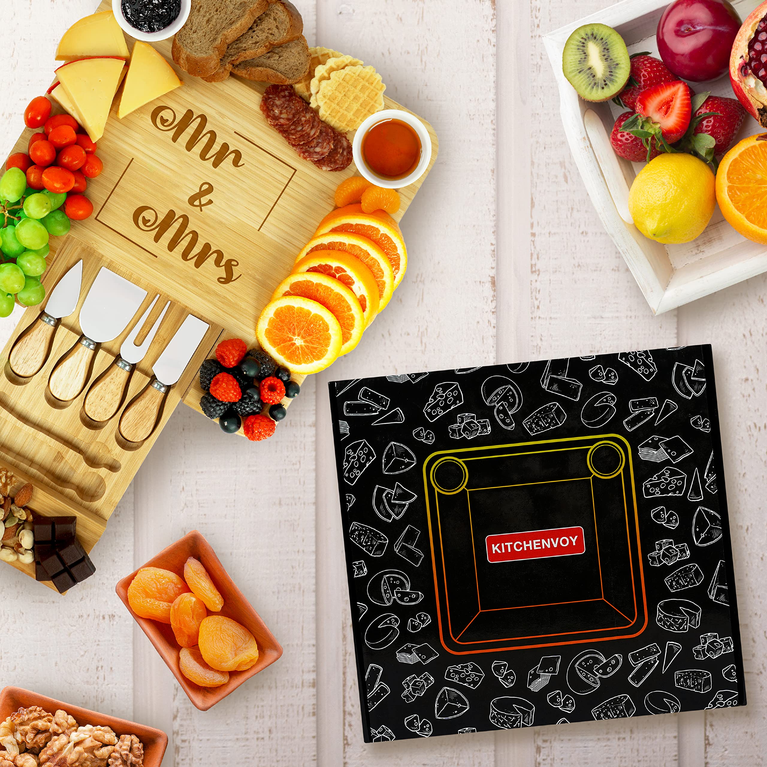 KITCHENVOY Mr. & Mrs. Bamboo Charcuterie Board Engaged Gift Set - Cheese Serving Tray Charcuterie Boards Platter Engagement Gifts for Newlywed Couples - Cheese Board Christmas Just Married Present