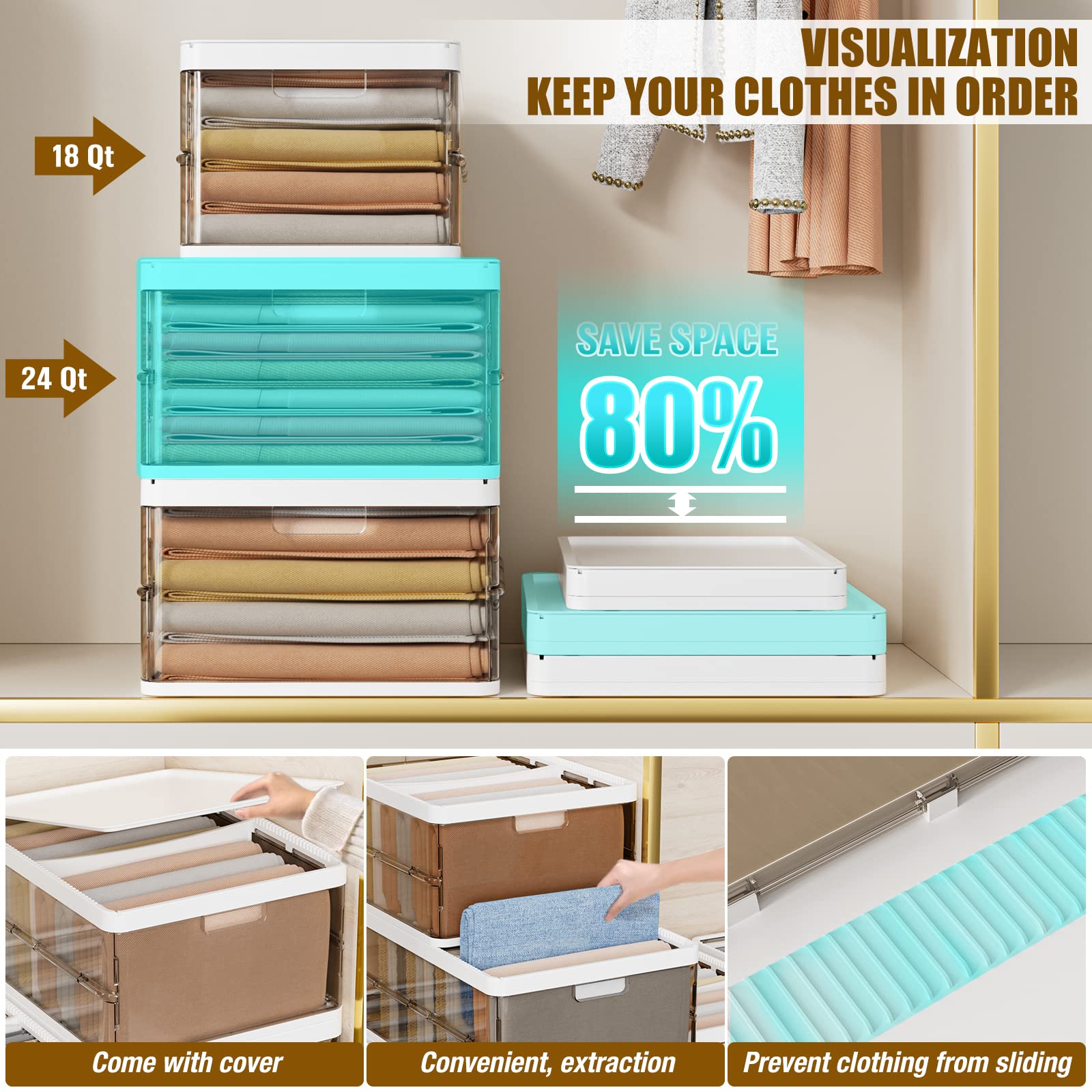 Gsiekare Closet Organizers and Storage, 4 Pack Storage Bin with 2 lids,Collapsible Totes for Storage, Plastic Stackable Storage Bins, Storage Drawers for Clothes Toys