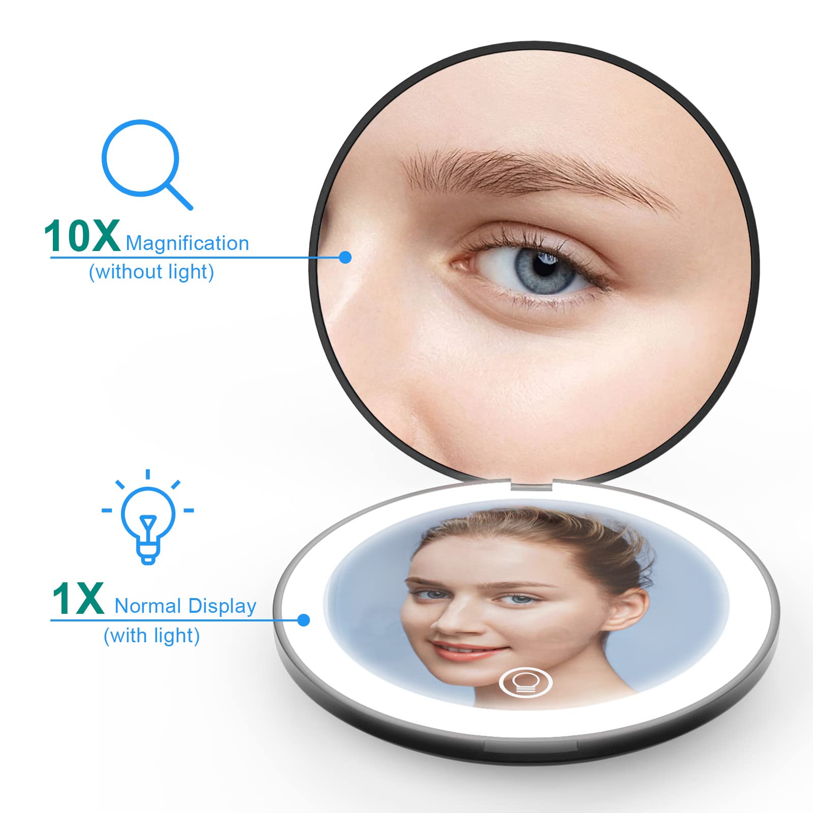 Hensam Touch Dimmable Pocket Mirror,1X/10X Magnification, LED Lighted Compact Mirror,Rechargable,2-Sided,Handheld,Travel Makeup Mirror,3.5in,Black