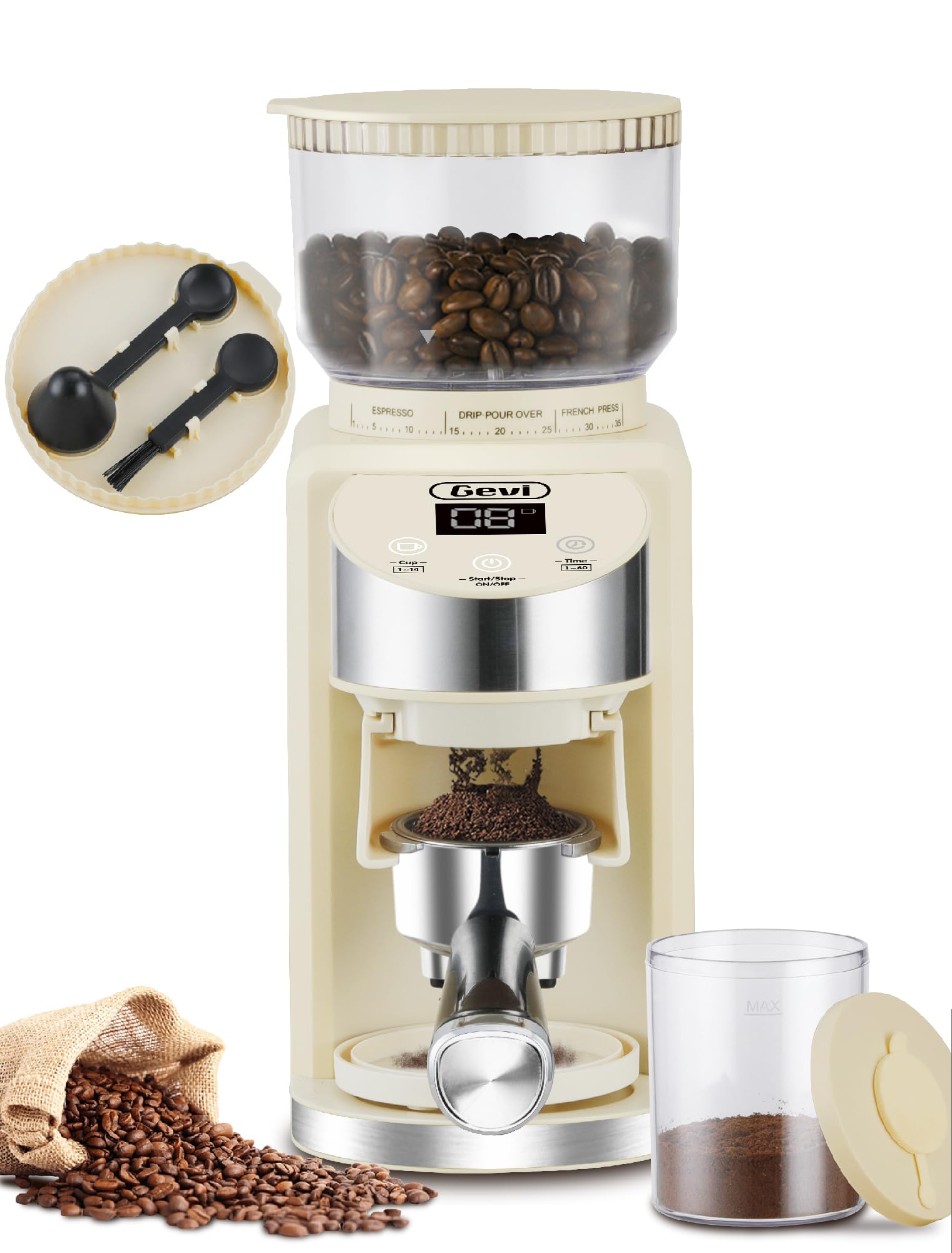 Gevi 20 Bar Compact Professional Espresso Coffee Machine with Milk Frother for Espresso, Latte and Cappuccino Burr Coffee Grinder with 35 Precise Grind Settings, Beige, I406B-W