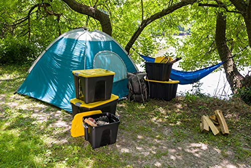 Homz 22-Gallon Durabilt Plastic Stackable Home Office Garage Storage Organization Container Bin w/Latching Lid and Handles, Black/Yellow (4 Pack)