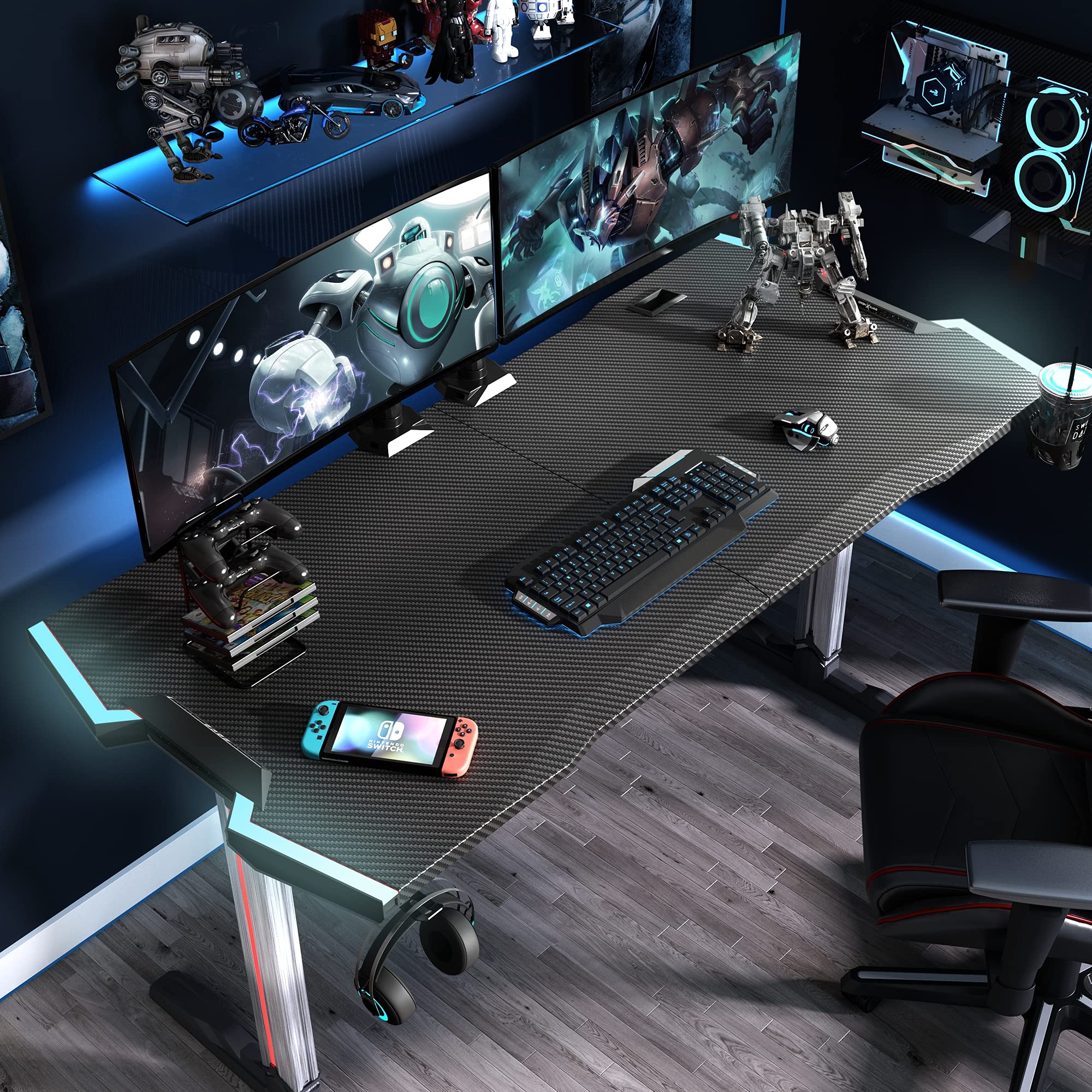 GALAXHERO Ultimate 61“Large Gaming Desk with 22 Modes RGB LED Light, Professional Gamer Computer Desk with Headphone&Cup Holder, Home Office PC Workstation, Full-Surface Cloth Mouse Pad, Black, GX-D