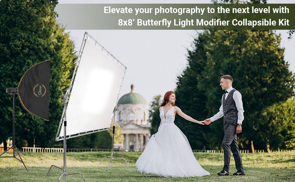Glow 8x8' Butterfly Light Modifier Scrim Kit w/Lightweight Collapsible Aluminum Frame, Three Diffuser Screen Fabric and Carry Case, Perfect for Still/Video and Portrait Light Diffuser Photography