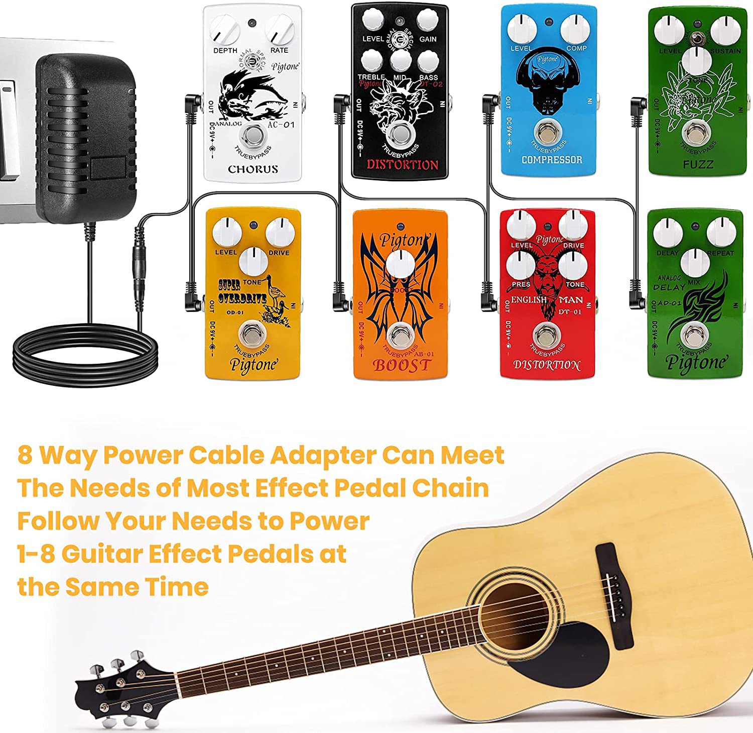 Guitar Effects Pedal Power Supply Adapter 9V 1A DC with 8 Way Daisy Chain Cables for BOSS Dunlop Ditto TC Electronic Pedal, Extended Length Cord (DC with 8 Way Cable)