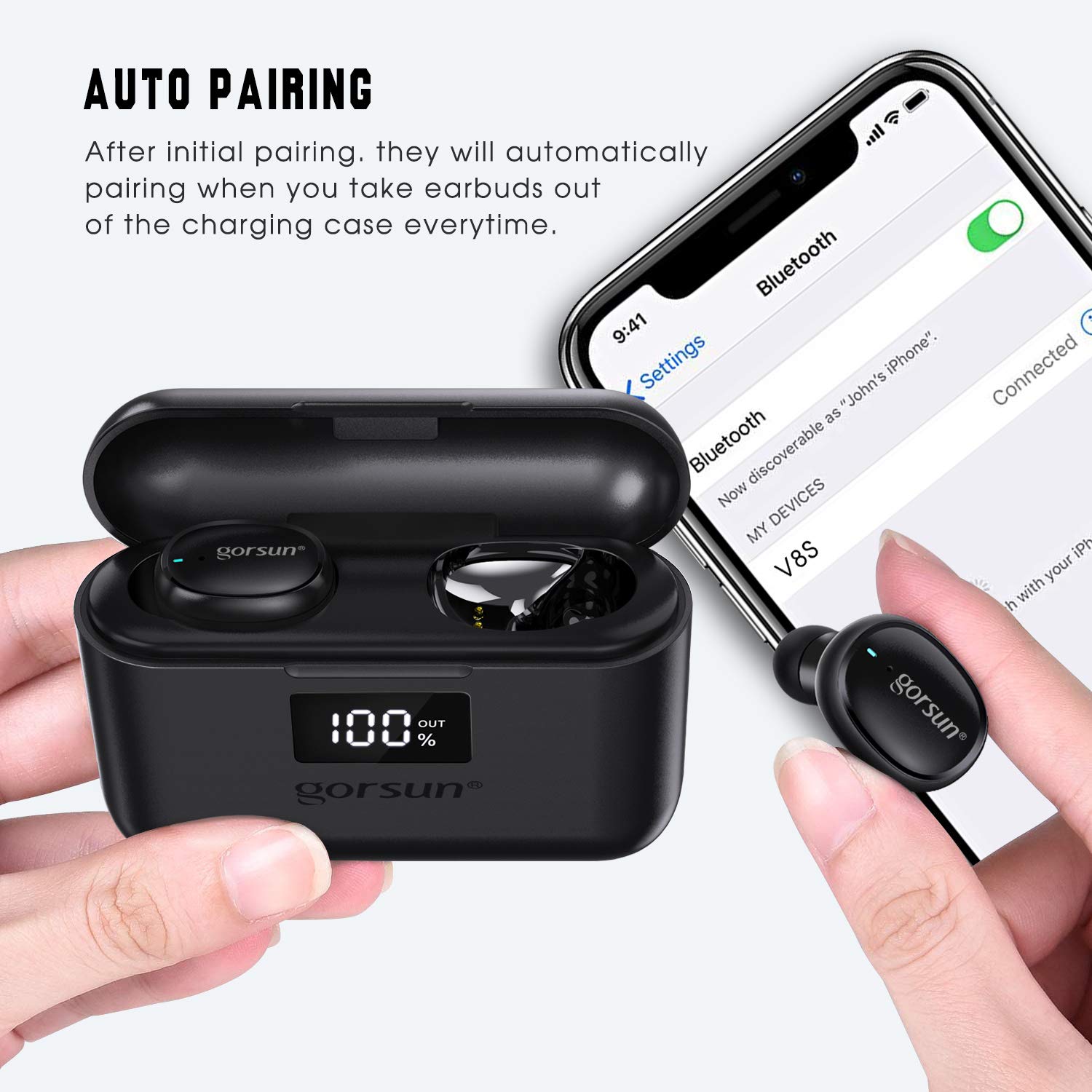 gorsun 【100 Hrs Playtime】 True Wireless Earbuds Bluetooth Headphones with Built-in Microphone, Waterproof TWS Stereo Earphones with LED Display Charging Case,Touch Control Headset for Sport