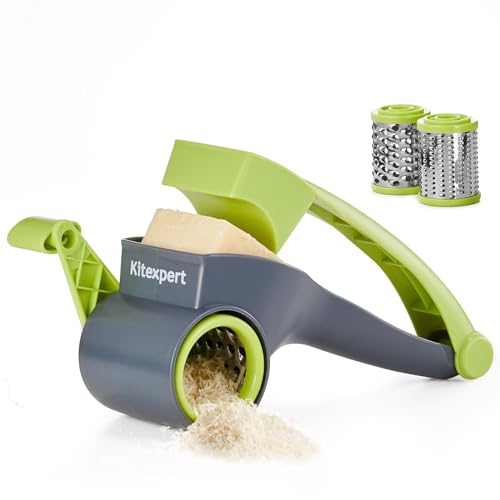 KITEXPERT Cheese Grater with Handle, Parmesan Cheese Grater, Handheld Rotary Cheese Grater, Olive Garden Cheese Grater with 2 Stainless Steel Drums for Hard Cheese, Chocolate, Nuts, vegetables