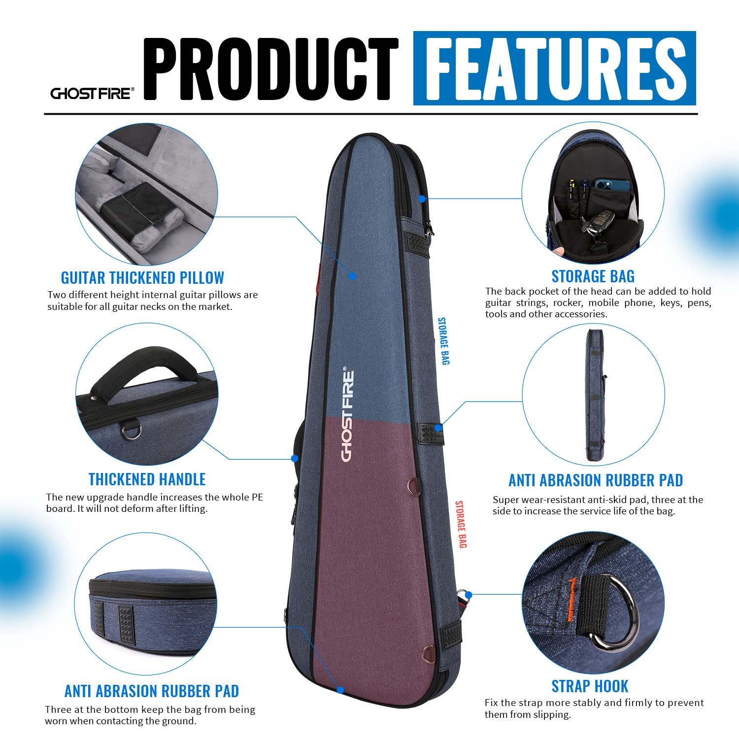 GHOSTFIRE high-end Bass Gig bag Super thick fit Precision/Jazz An Expansion Package Is Attached (Bass Gig bag-blue)