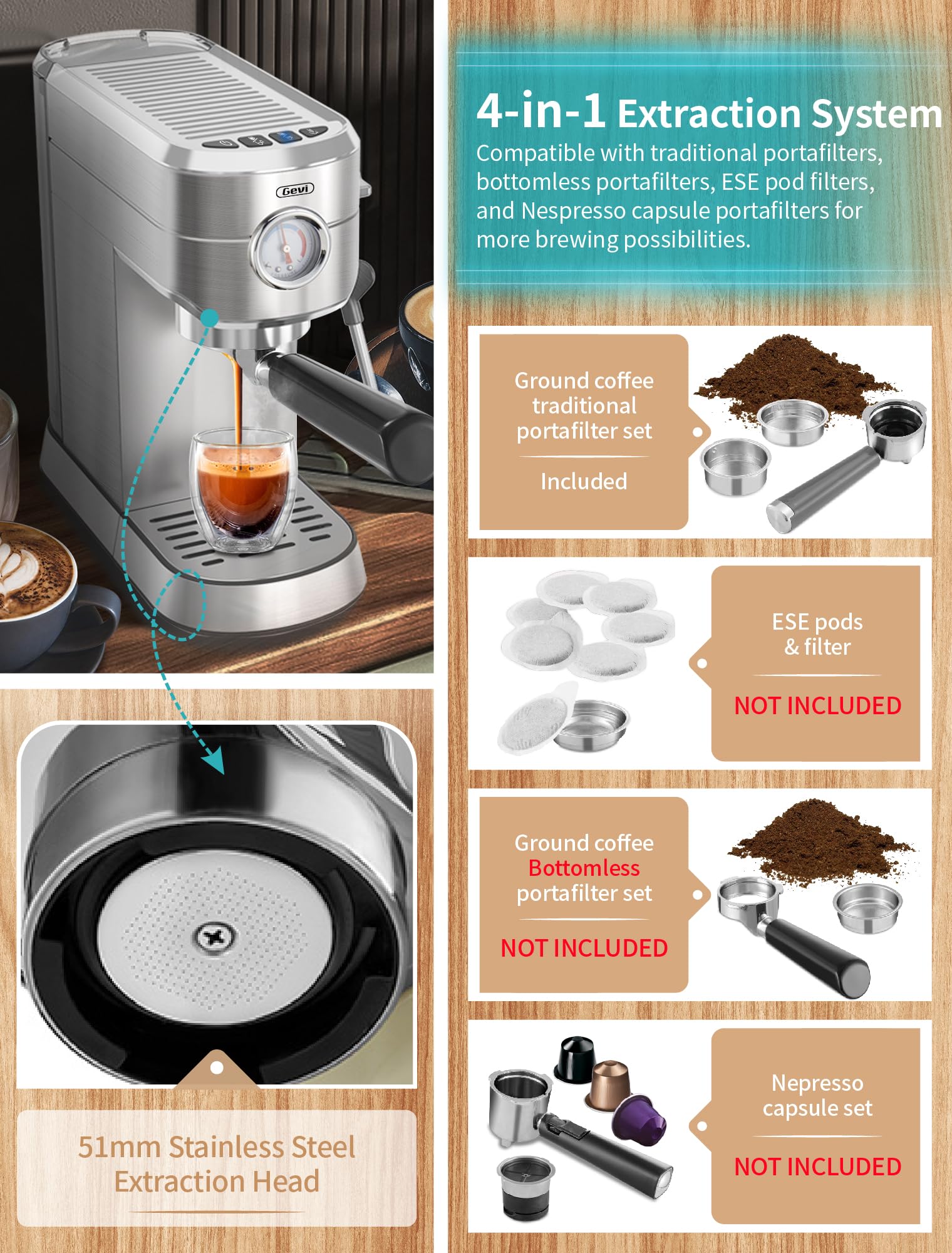 Gevi Espresso Machine & Coffee Maker - 20Bar Semi Automatic Espresso Machine With Grinder & Steam Wand – All in One Espresso Maker & Latte Machine for Home Dual Heating System…