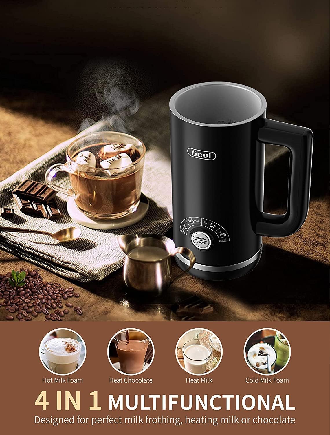 Gevi Milk Frother, 4 in 1 Automatic Electric Milk Steamer, Cold and Hot Milk Foam Maker & Milk, Chocolate Warmer for Cappuccino, Hot Chocolates, Macchiato, Latte, NTC Temperature Control System, Black