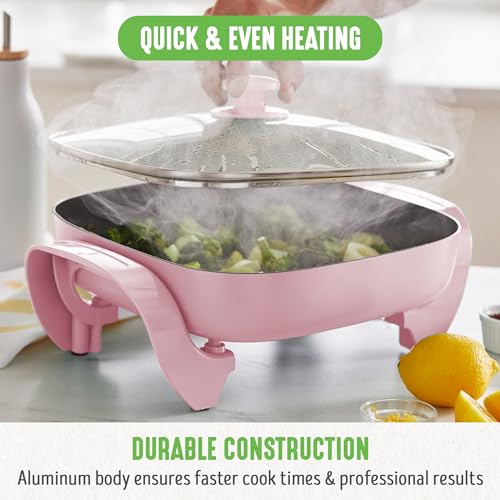 GreenLife Healthy Ceramic Nonstick, 12" 5QT Square Electric Skillet with Glass Lid, Dishwasher Safe, Adjustable Temperature Control, PFAS-Free, Pink