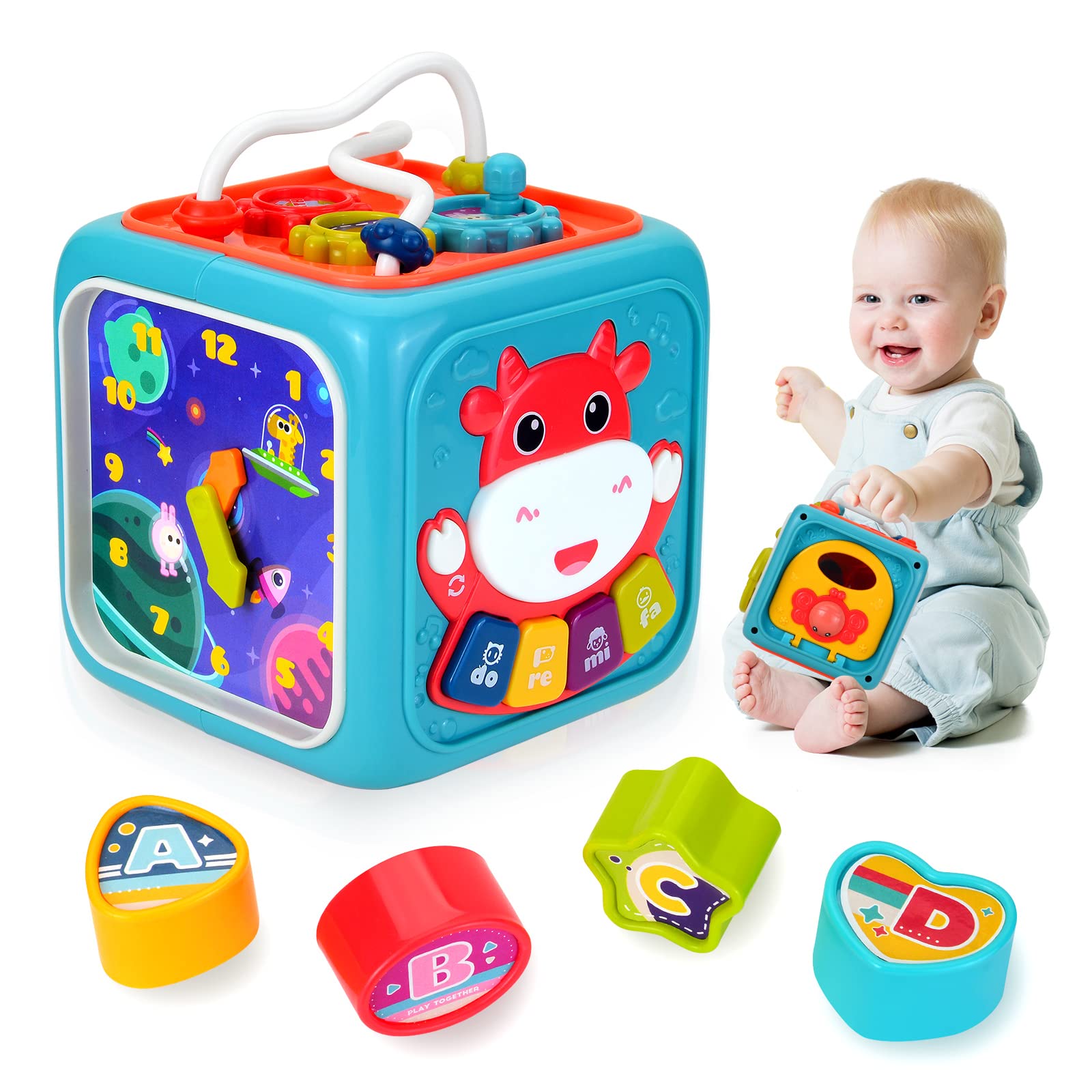 IDS Home Activity Cube Toys,6 in 1 Multi-Purpose Learning Cube with Music,Activity Center Shape Sorter Toy Gift for 18M+ Boy Girl Toddlers Kids, Christmas, Birthday Gift