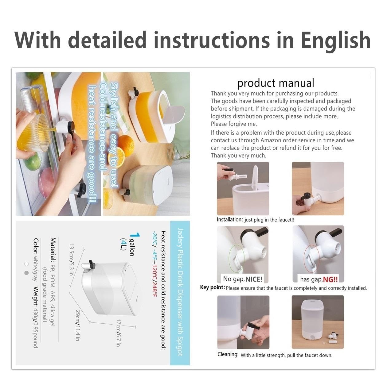 JADERY Plastic Drink Dispenser with Spigot, 1 Gallon Beverage Dispenser Cold Drink Container for Iced Tea