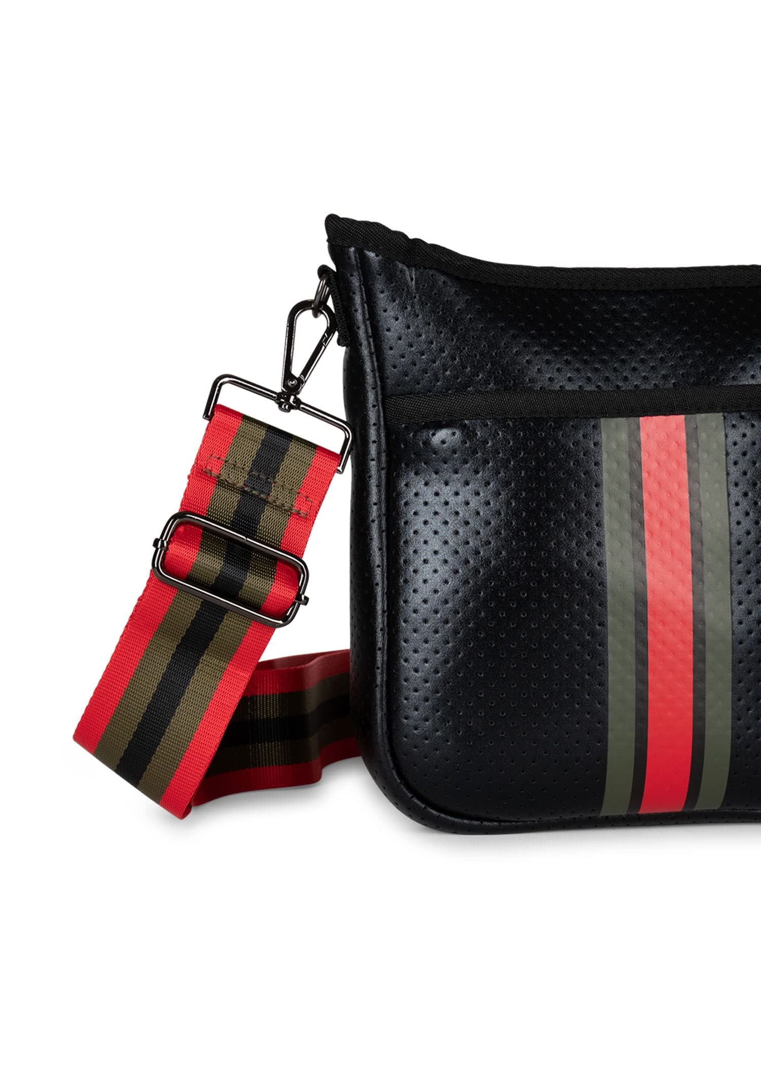 Haute Shore - Jeri Bello Crossbody Tote, Black Coated W/Olive, Black, & Red Stripe