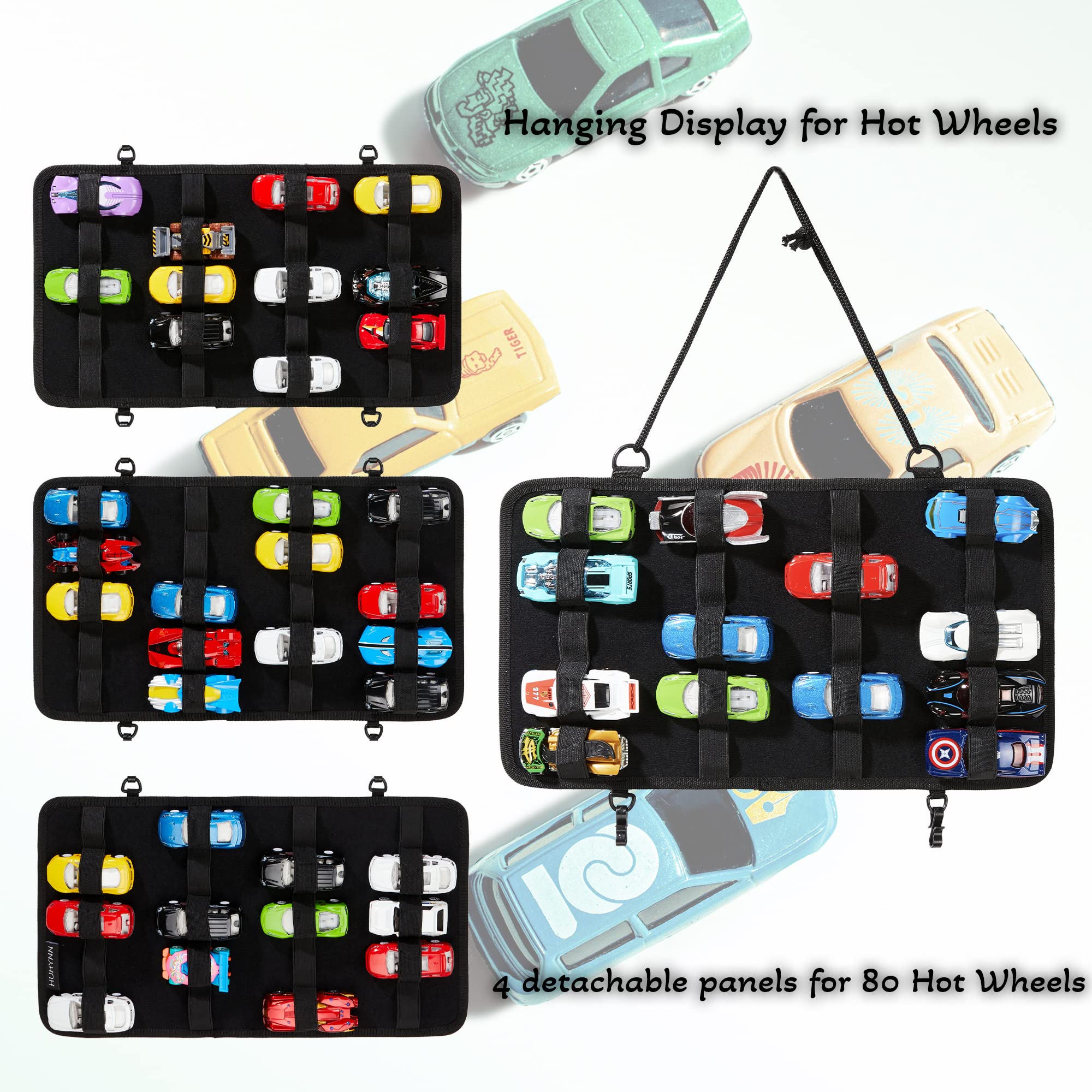 HUHYNN Hanging Display Case Compatible with 80 Hot Wheels Matchbox Cars,Toy Cars Storage with 4 Detachable Panels for Hot Wheels Storage Organizer (80 Slots-Black)
