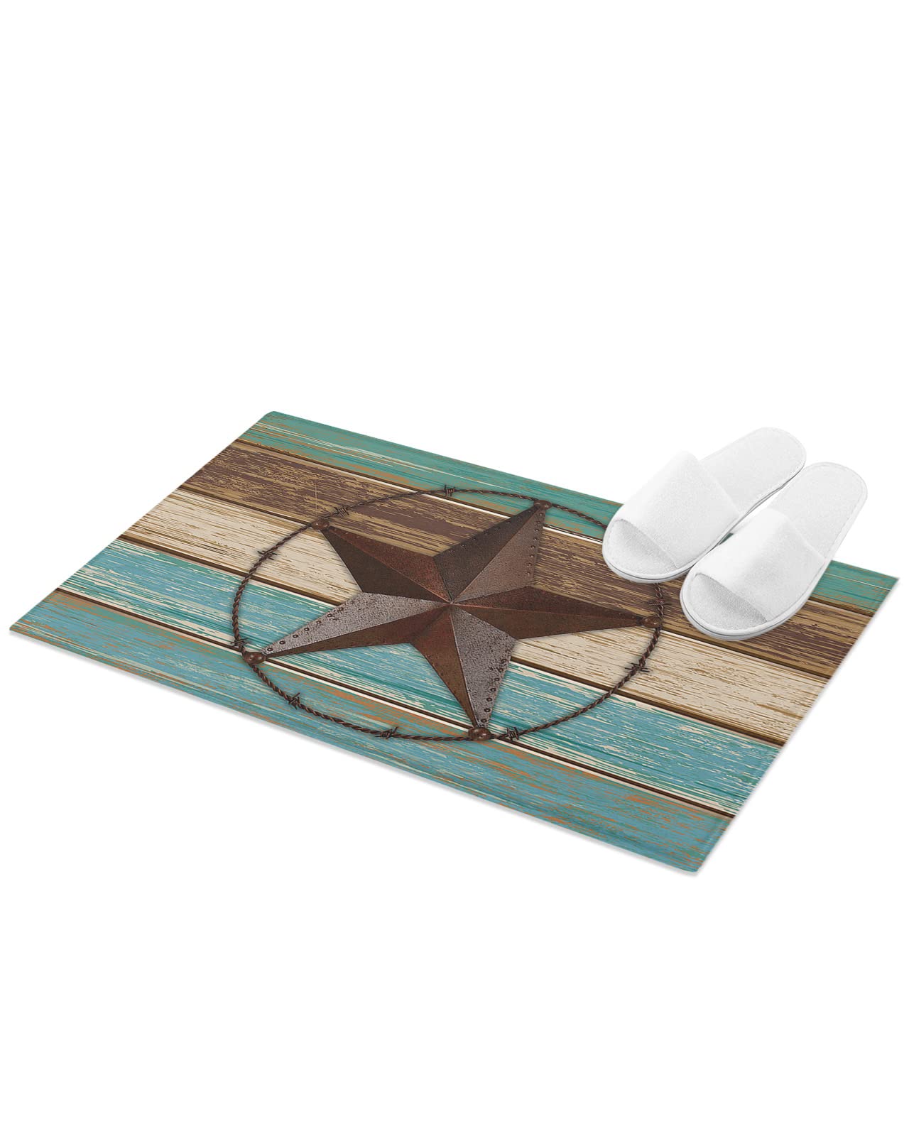 Indoor Doormat Western Metal Texas Vintage Iron Star,Non Slip Soft Bath Mat Rustic Farmhouse Wood Board,Washable Entrance Rug for Kitchen Bathroom Bedroom Living Room 18x30In