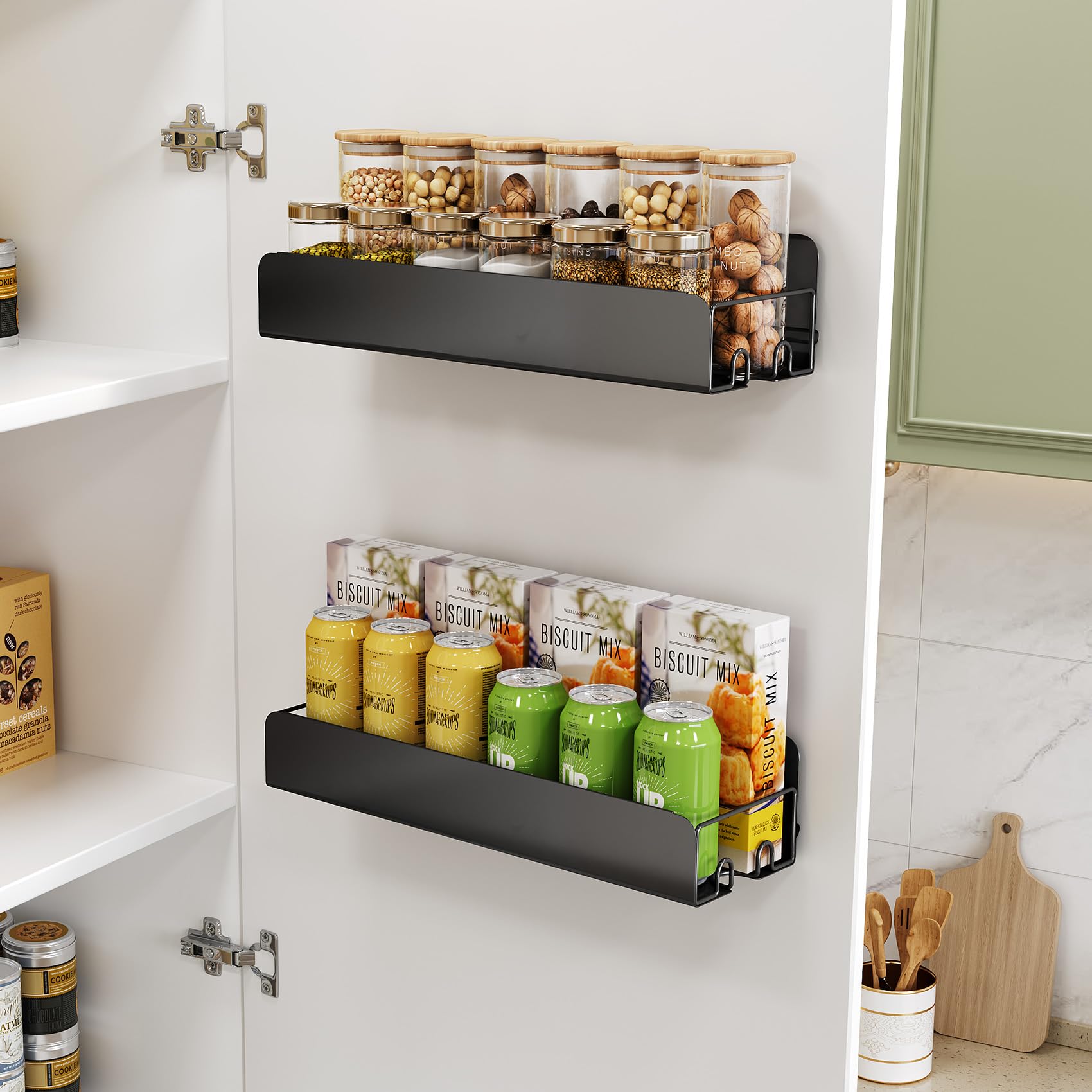 Kitstorack Spice Rack Wall Mount, 2 Pack 15.7" Oversize Spice Rack Organizer without Drilling Large Adhesive Hanging Spice Racks, Kitchen Essentials Home Decor, Black,for Smooth Walls