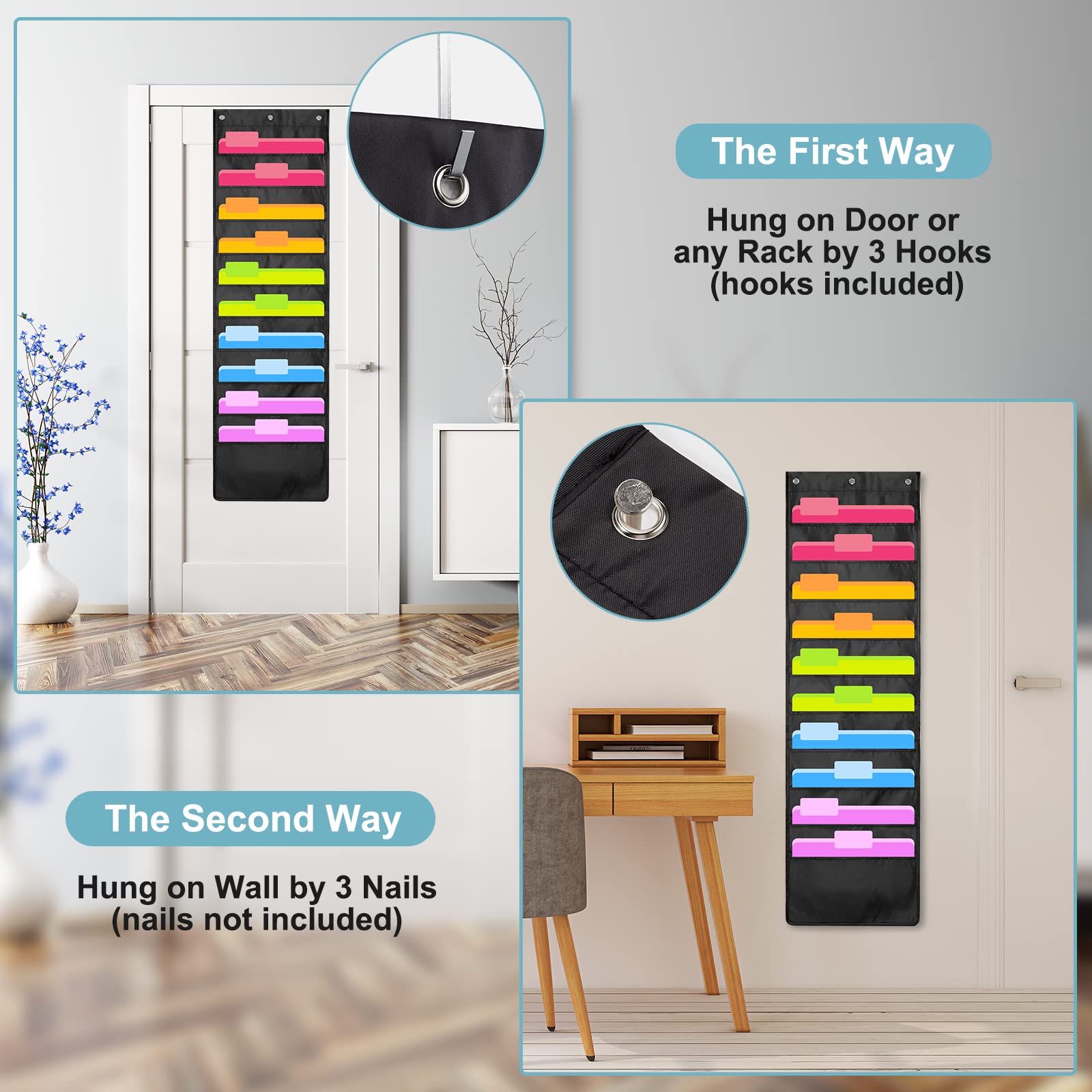 Geyee 4 Pack Wall Hanging File Folders Organizer, Heavy Duty Storage Pocket Chart, Over Door Hangers Included, Hanging Wall Paper Organizer Holder for School Classroom Office Home(10 Pocket)