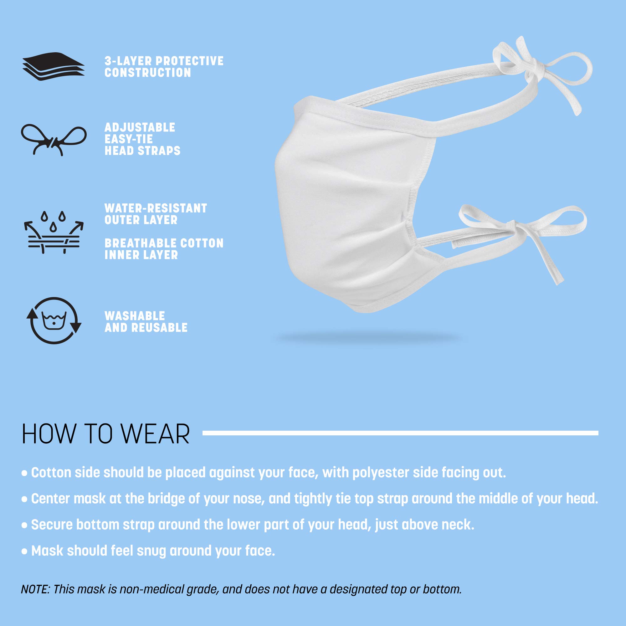 Gildan Adult Reusable 3-Layer Tie-On Cotton Face Mask (48 Pack), White (48 Pack), Adult: 6.5" x 7" (13" straps)