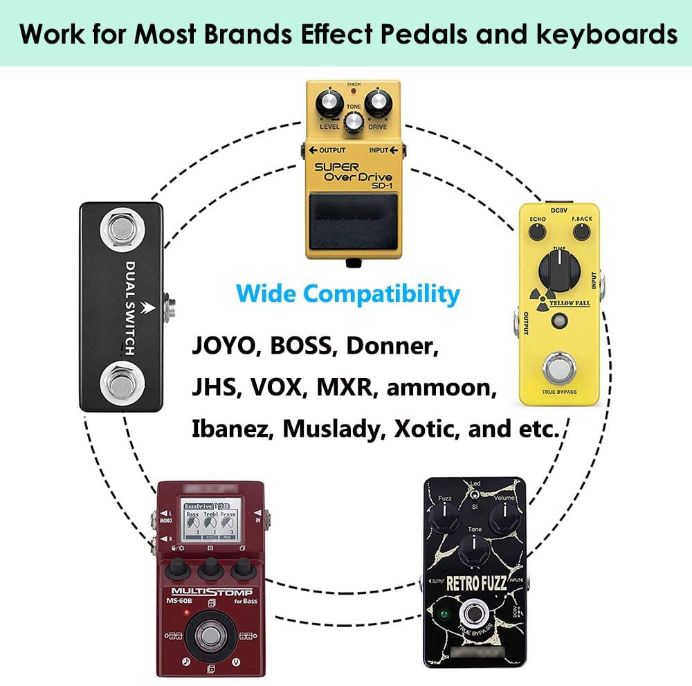 Guitar Pedal Power Supply Adapter 9V DC 1A with 6 Way Daisy Chain Cables for Guitar Effect Pedals,2 x Battery Clip Cables, 1x Reversed Polarity Cables
