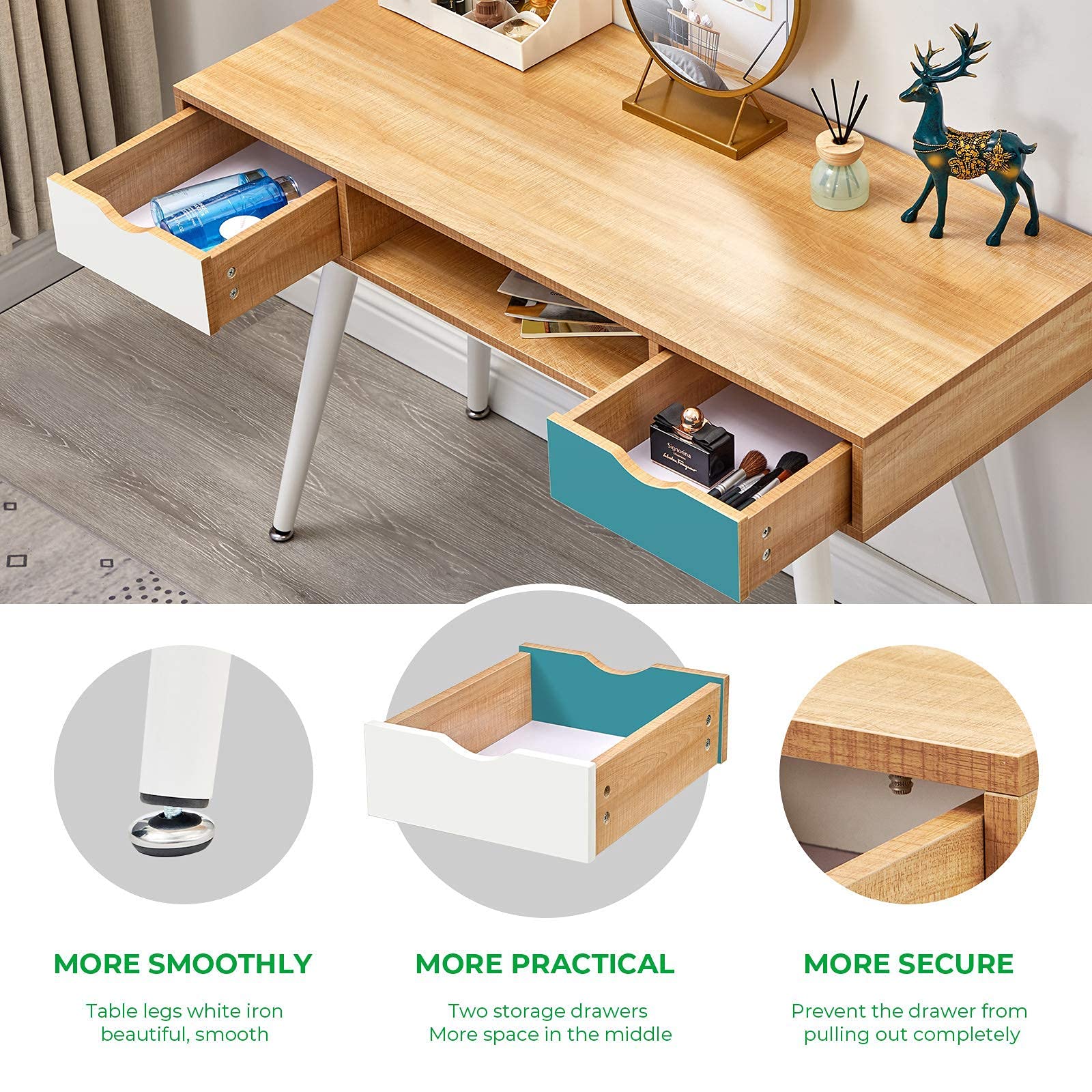 GreenForest 47inch Computer Office Desk with Drawers for Small Space Room Home Bedroom Writing Study Desk with Three Storage Vanity Makeup Dressing Table with White Metal Legs for Kids Adults